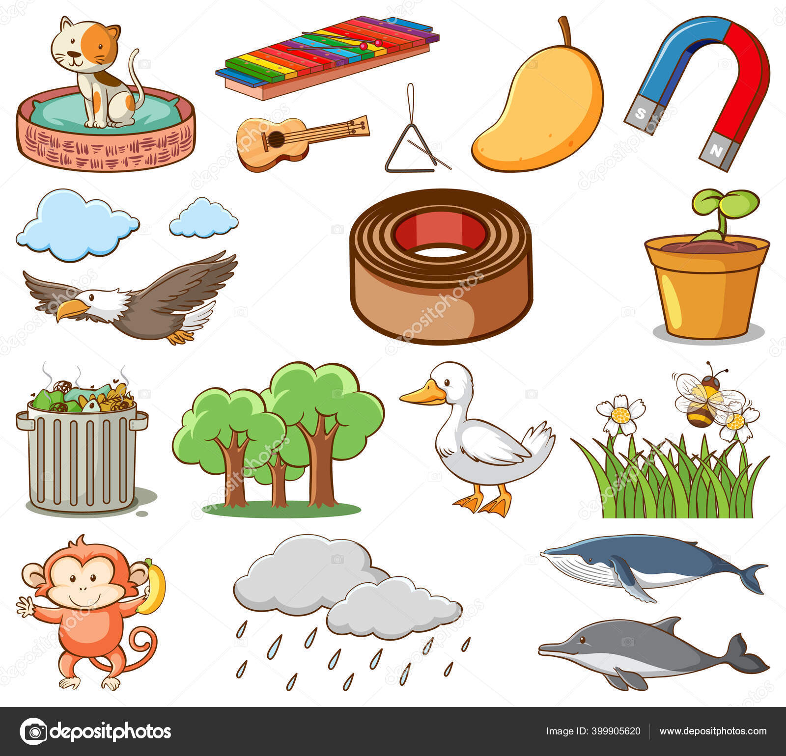 Large Set Different Animals Other Objects White Background Illustration ...