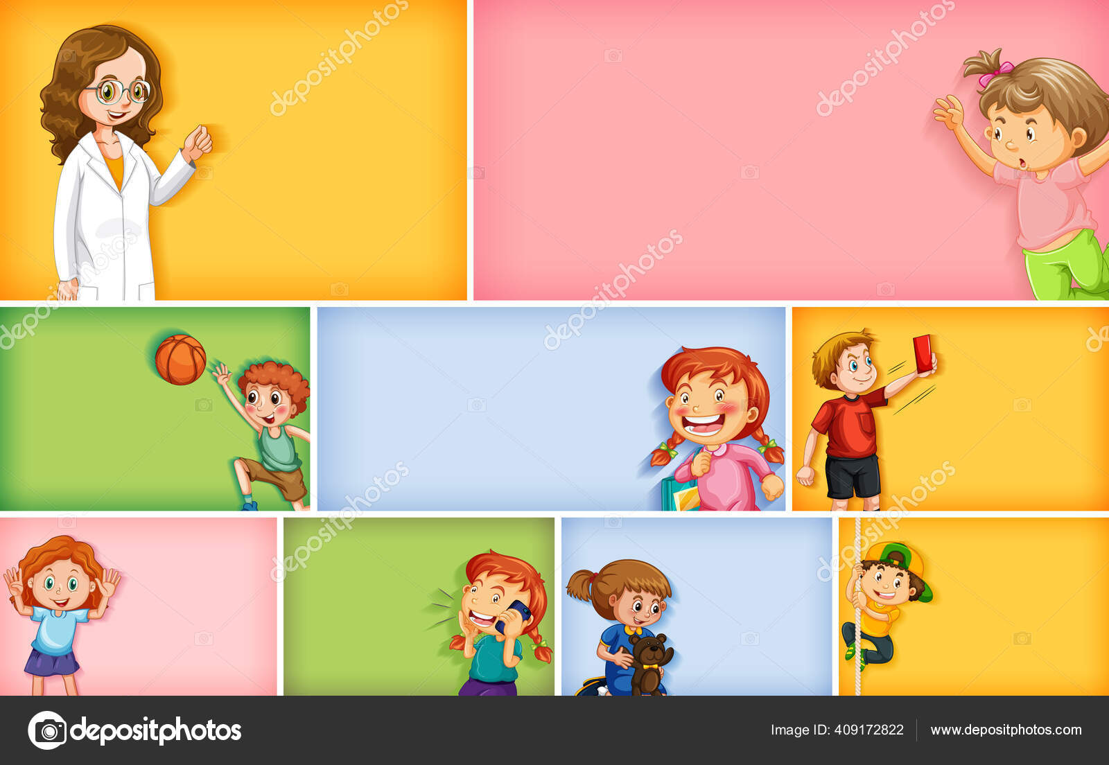 Set Different Kid Characters Different Color Background Illustration ...