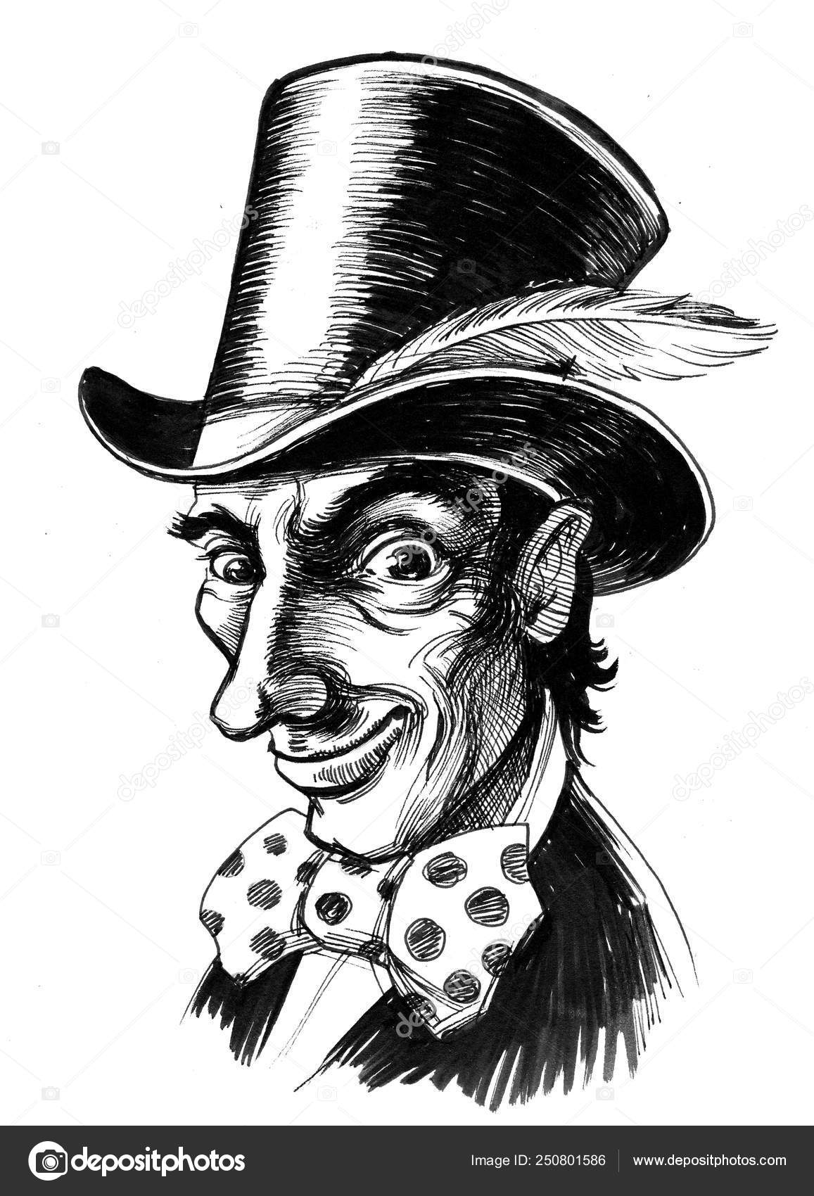 Gentleman Hat Feather Ink Black White Drawing Stock Illustration by ...