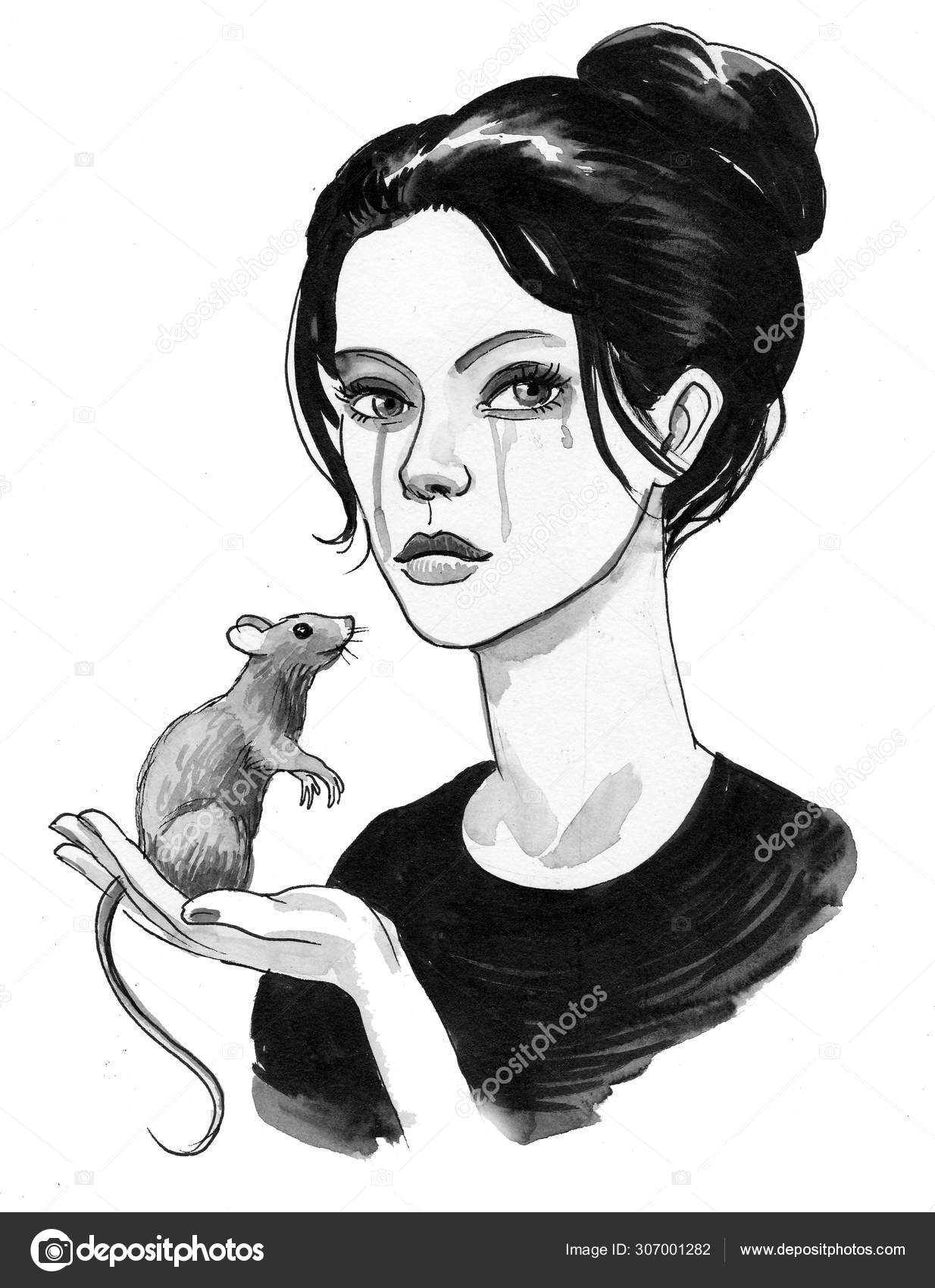 Sad Crying Girl Mouse Her Hand Ink Watercolor Illustration Stock Photo ...