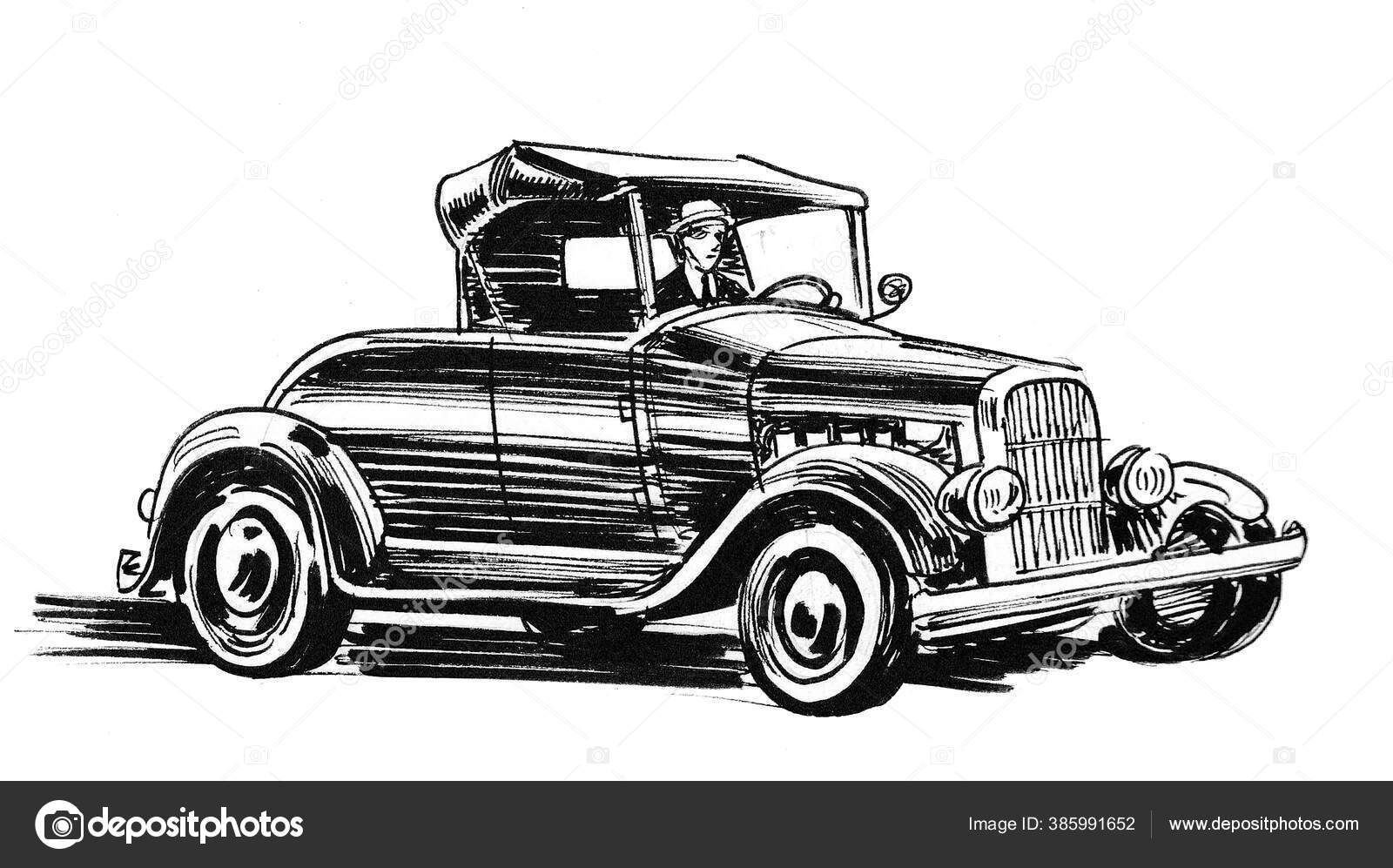 Retro Automobile Ink Black White Drawing Stock Illustration by ...