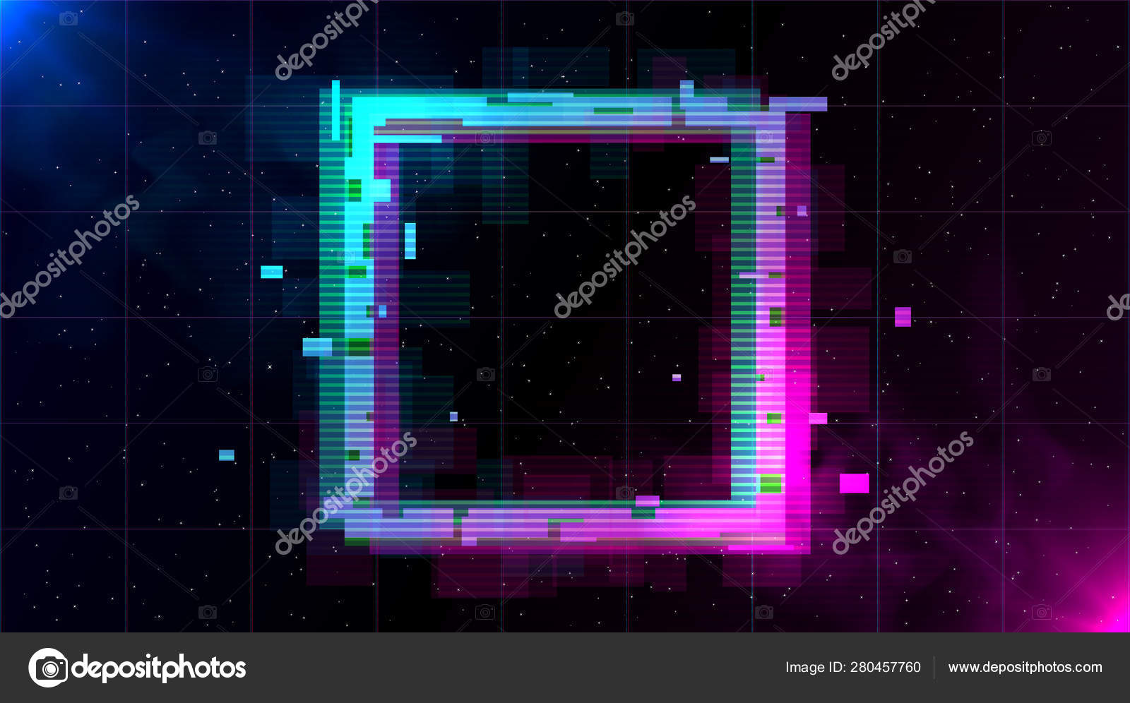 Retrowave Glitch Square with sparkling and blue and purple glows with ...