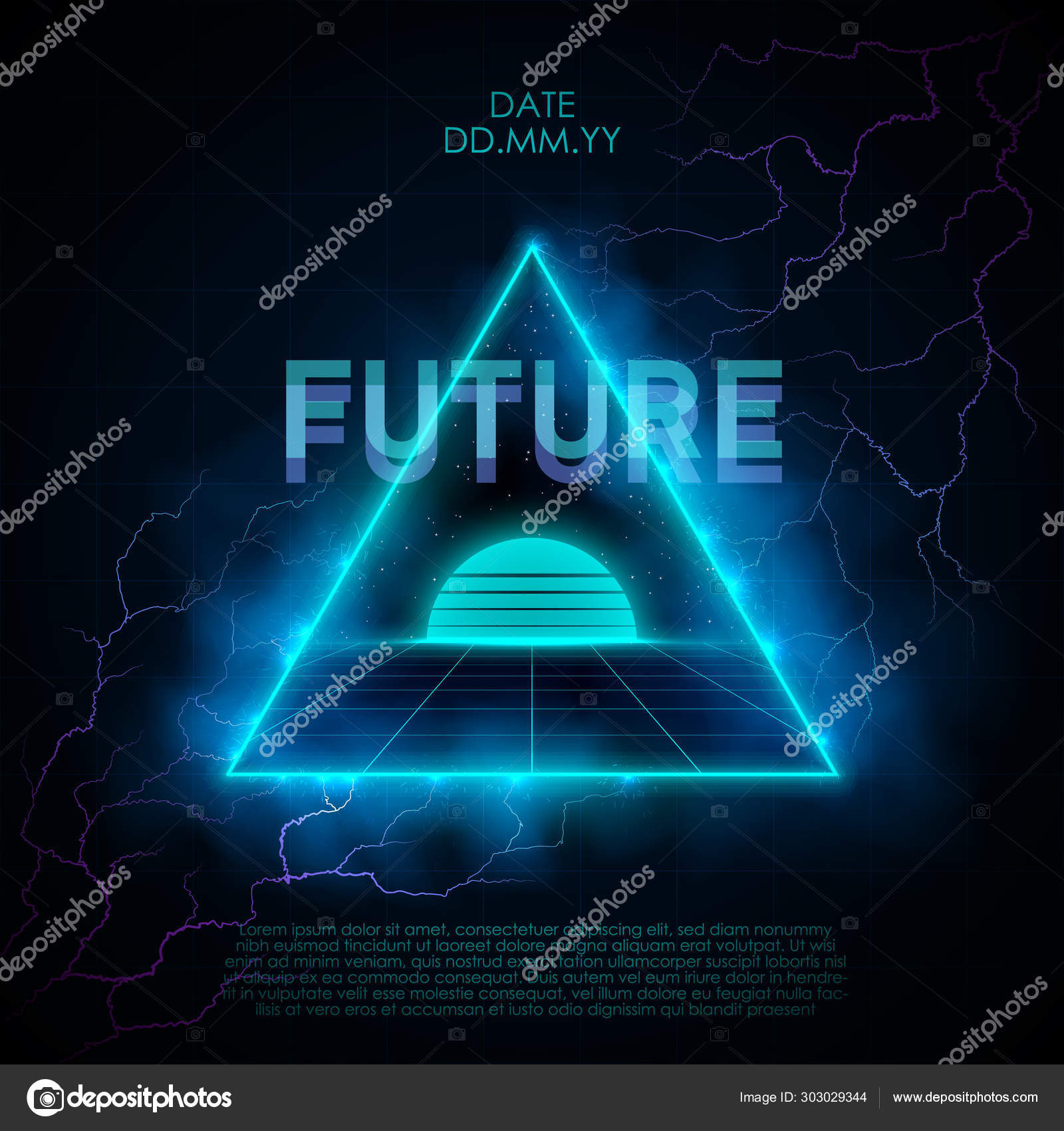 Ilustración de estilo retroonda con portal de triángulo de neón que ...