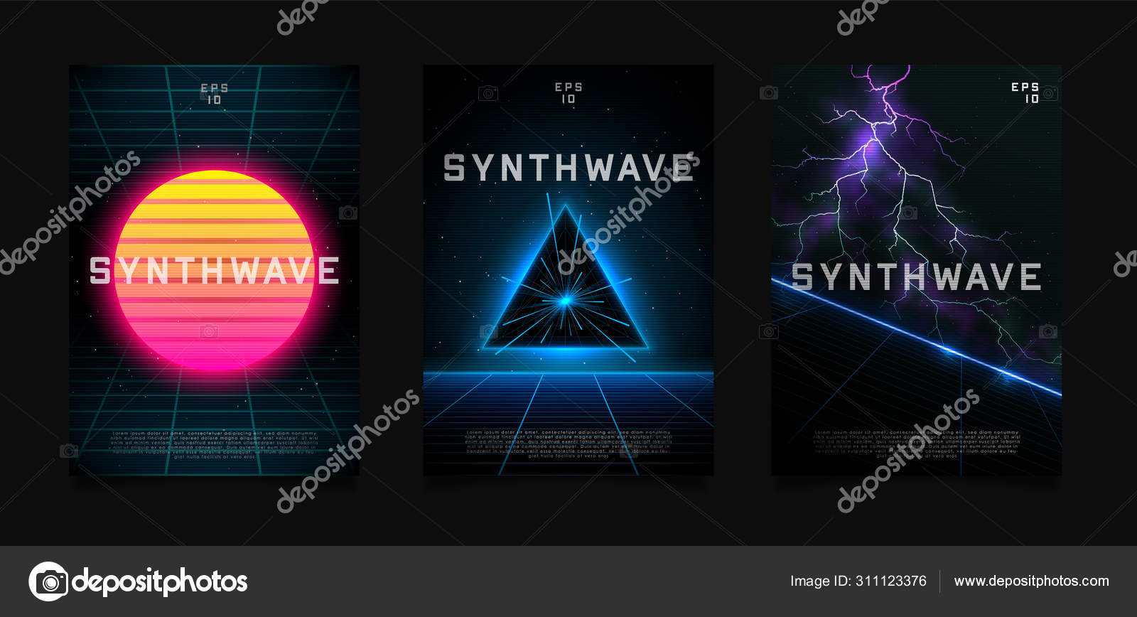 Synthwave flyer design. Retrowave sun on starry space background with ...