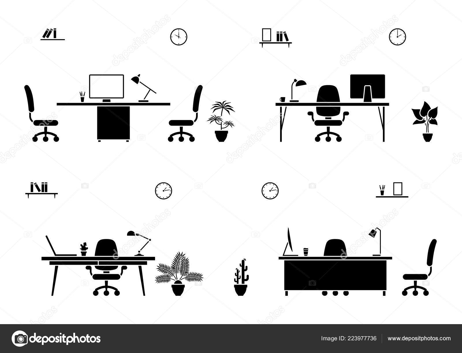 Empty Office Room Icon Set Furniture Silhouette Background Stock Vector ...