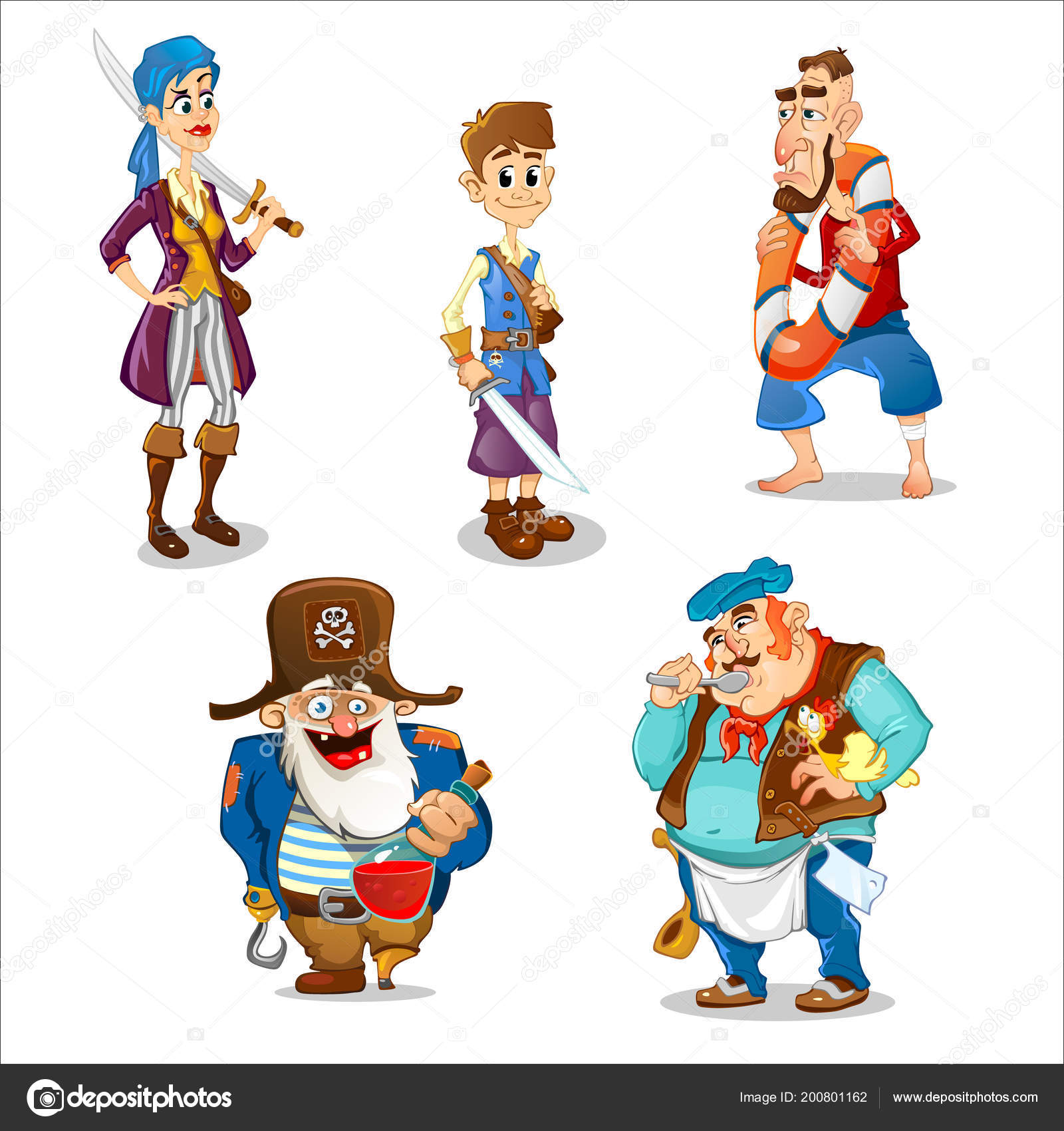 Equipo Piratas Conjunto Personajes Dibujos Animados Vector de stock ...
