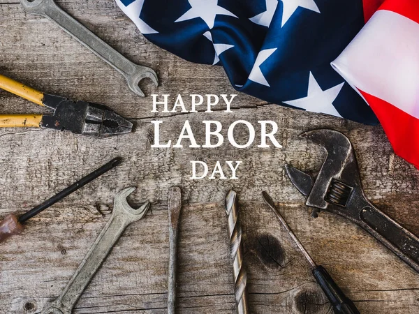LABOR DAY. Hand tools lying on the table. Top view, close-up. Preparing ...