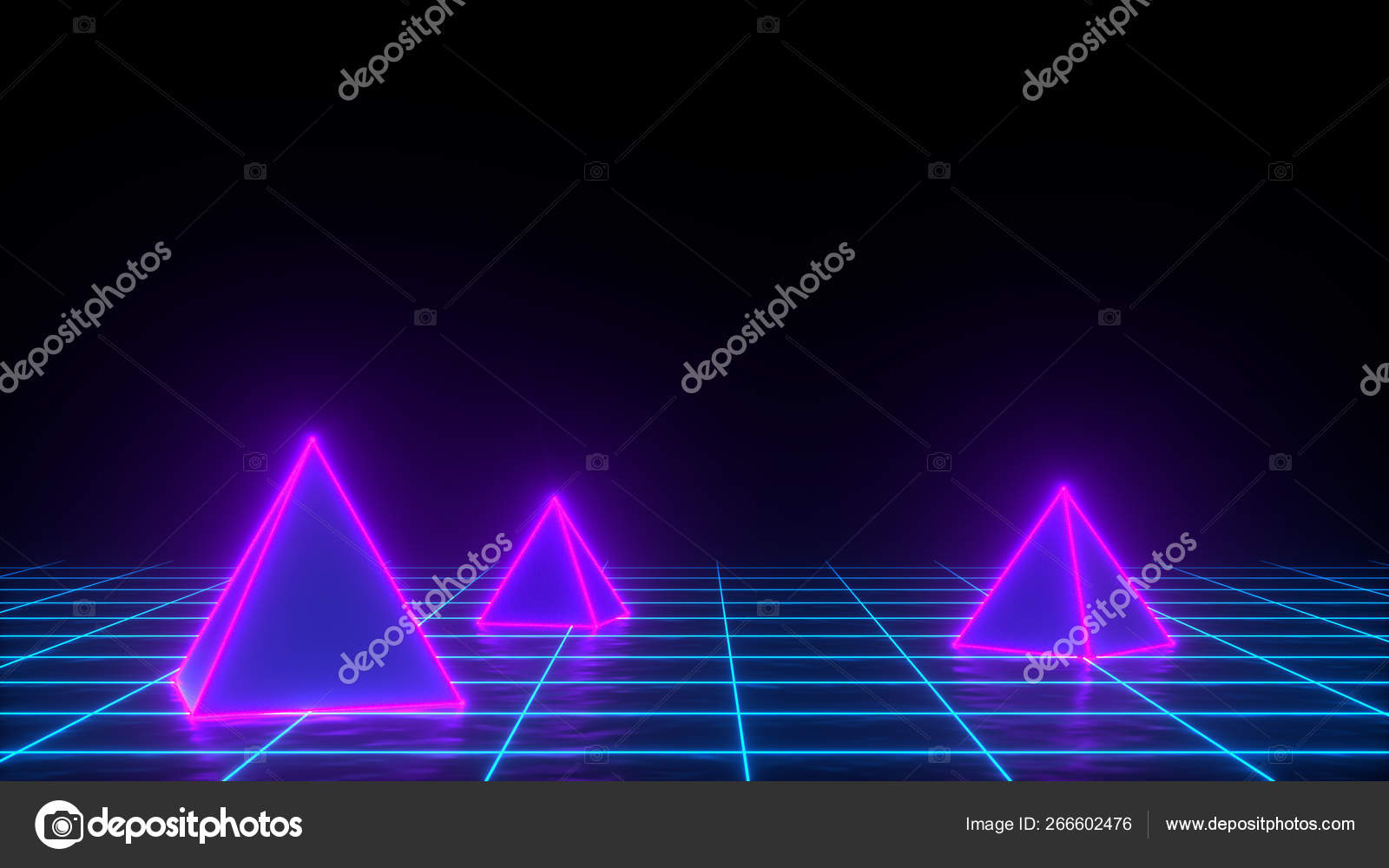 3d render of neon pyramid on grid background. Banner design. Retrowave ...