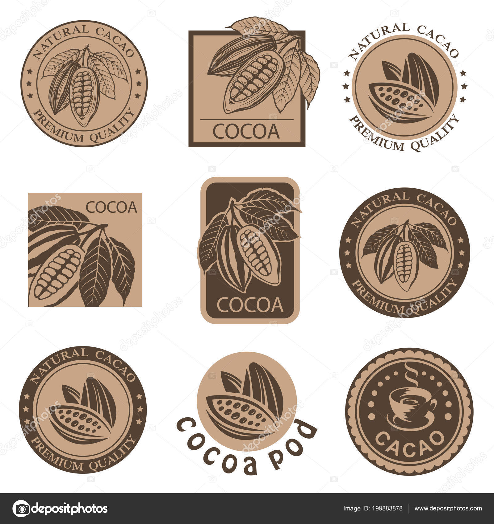 Collection Labels Cocoa Beans Leaves Stock Vector Image by ©alexkava ...