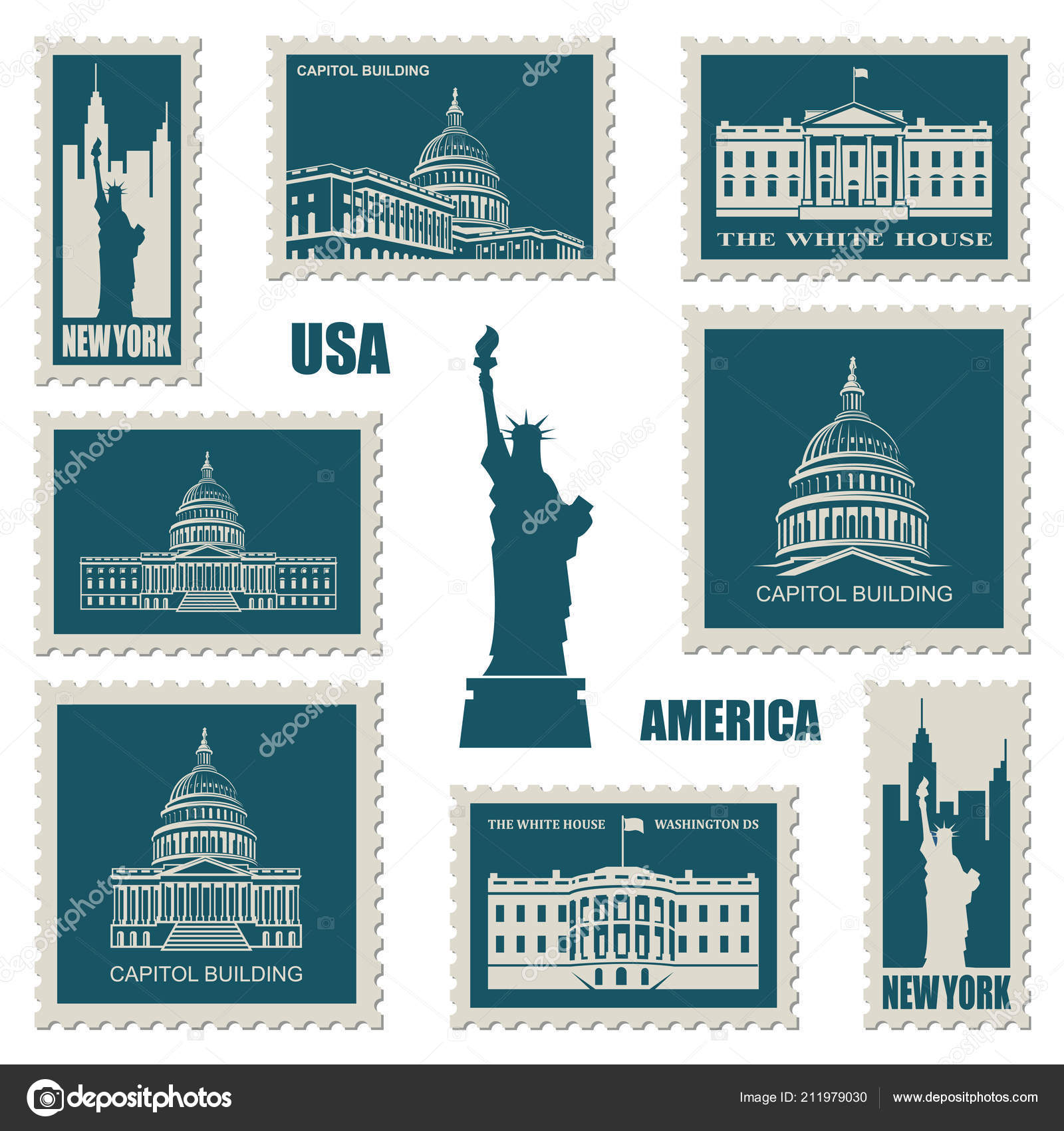 Postage Stamps Set American Symbols Statue Liberty Capitol Building ...
