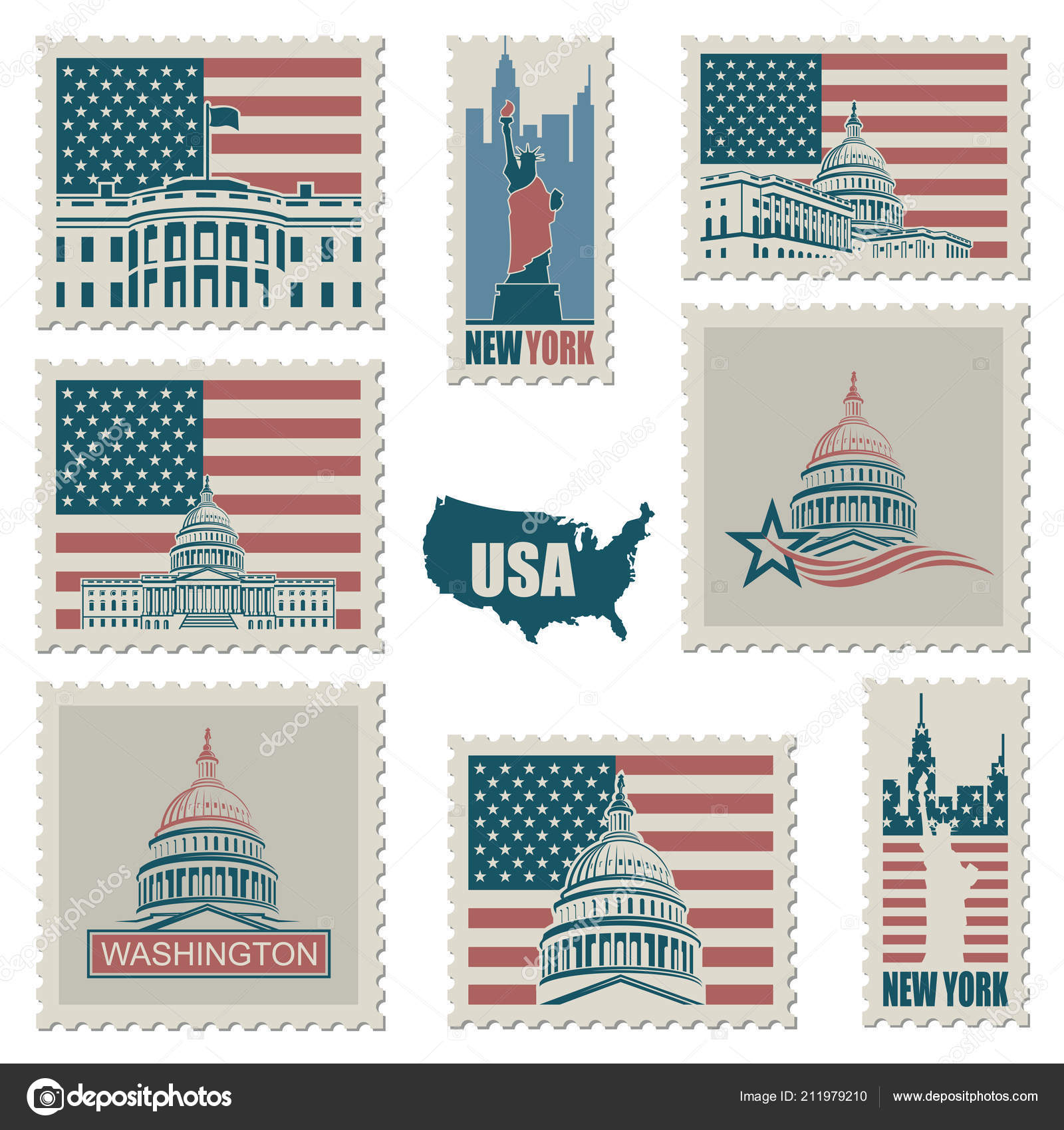 Postage Stamps Set American Symbols Statue Liberty Capitol Building ...
