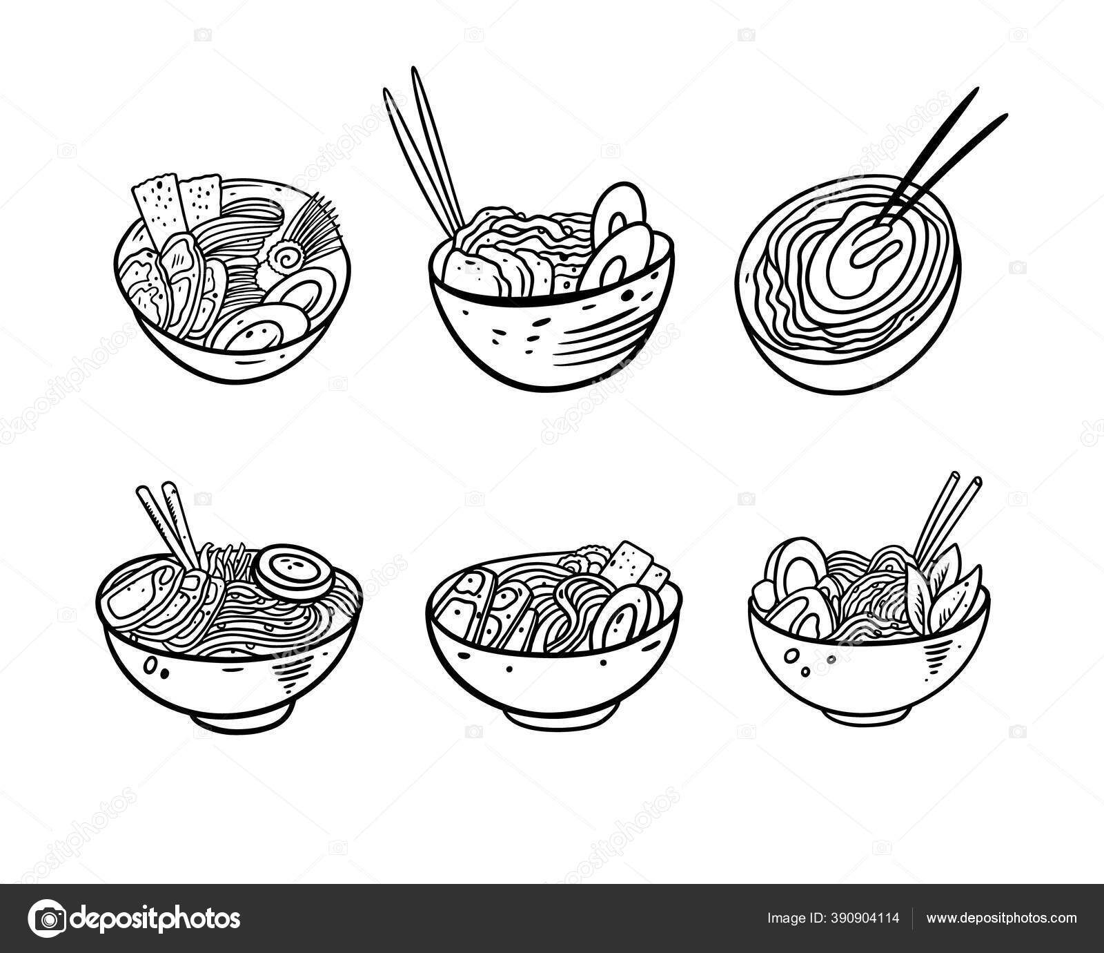 Japanese Noodles Set Black Color Outline Style Vector Illustration Isolated Stock Vector By