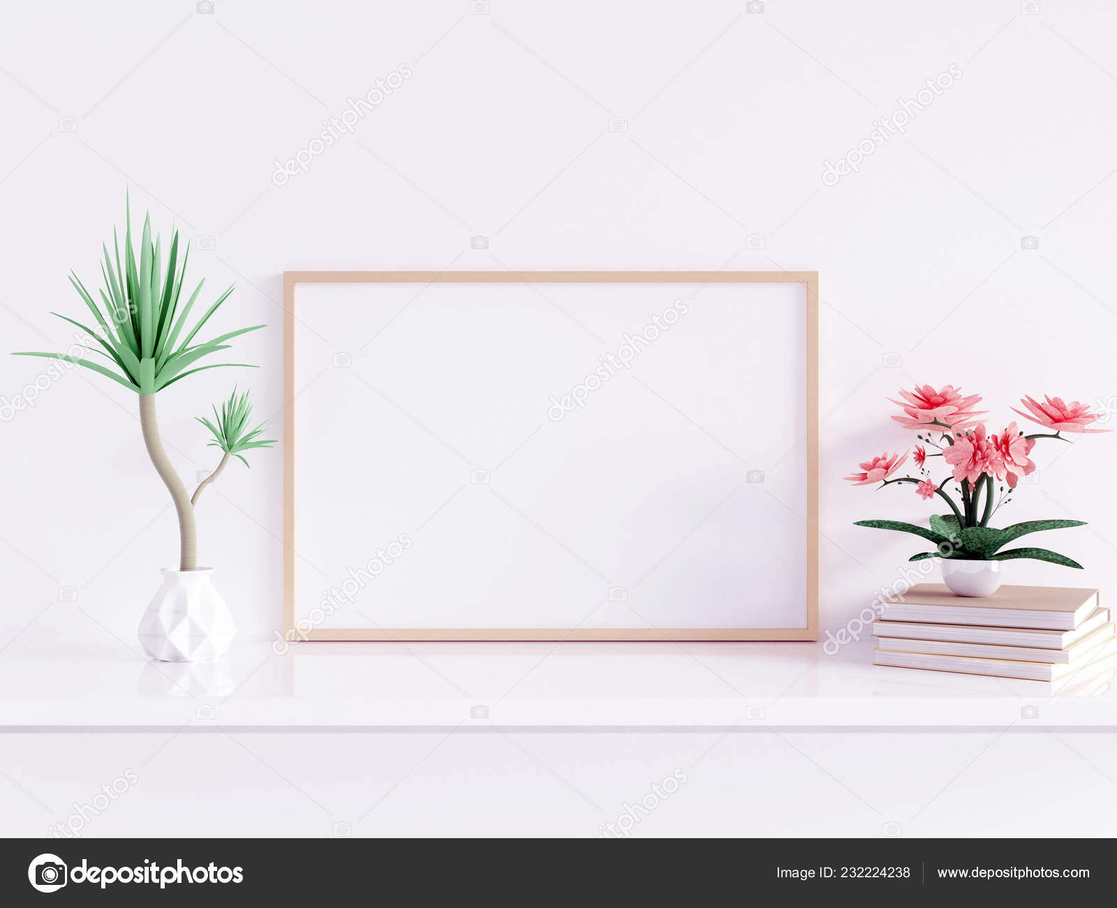 Home interior poster mock up with square metal frame and plants in pots ...