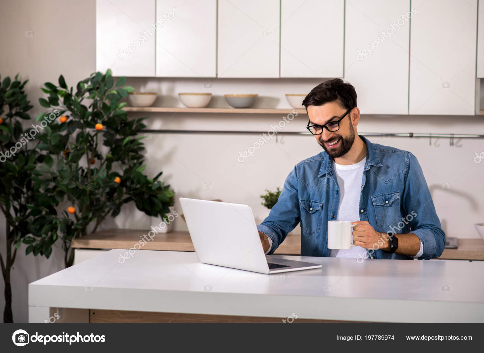 Joyful Moment Positive Handsome Man Drinking Tea Using Laptop — Stock ...