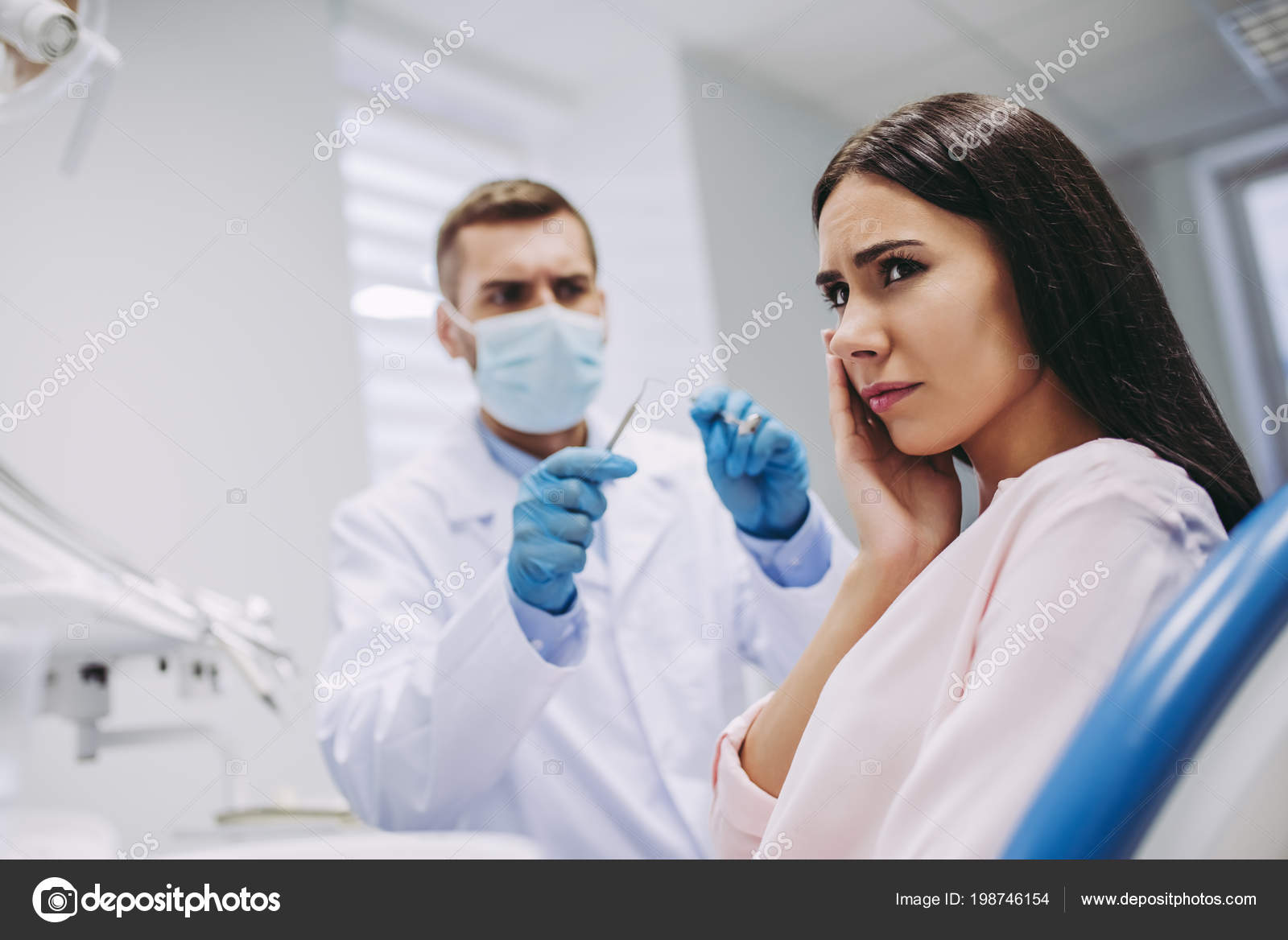 Portrait Young Patient Suffering Toothache Modern Dental Clinic Stock ...