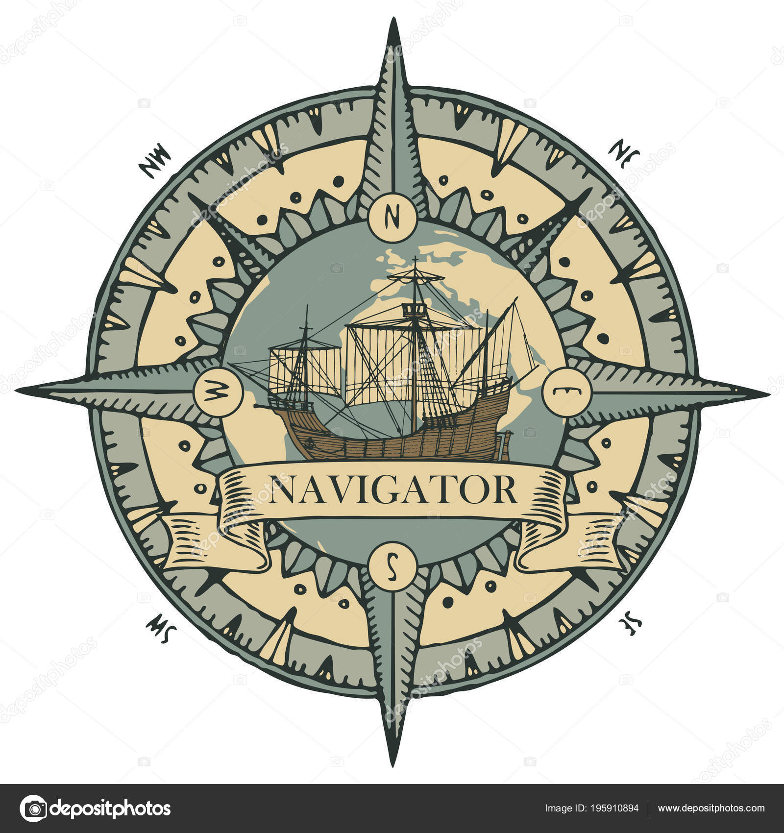 Retro Banner Vintage Sailing Ship Planet Earth Wind Rose Old — Stock ...