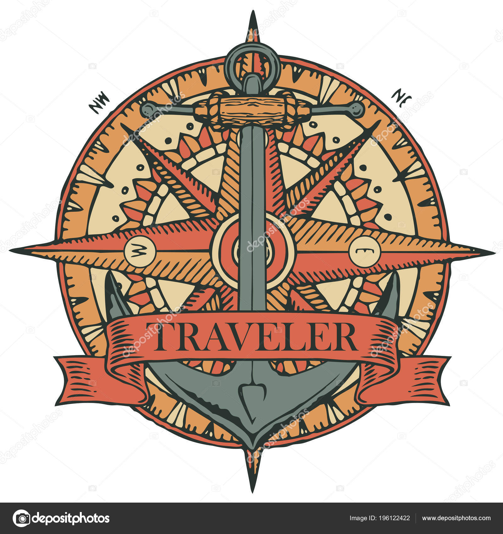 Retro Banner Ship Anchor Wind Rose Old Nautical Compass Ribbon — Stock Vector © Paseven 196122422