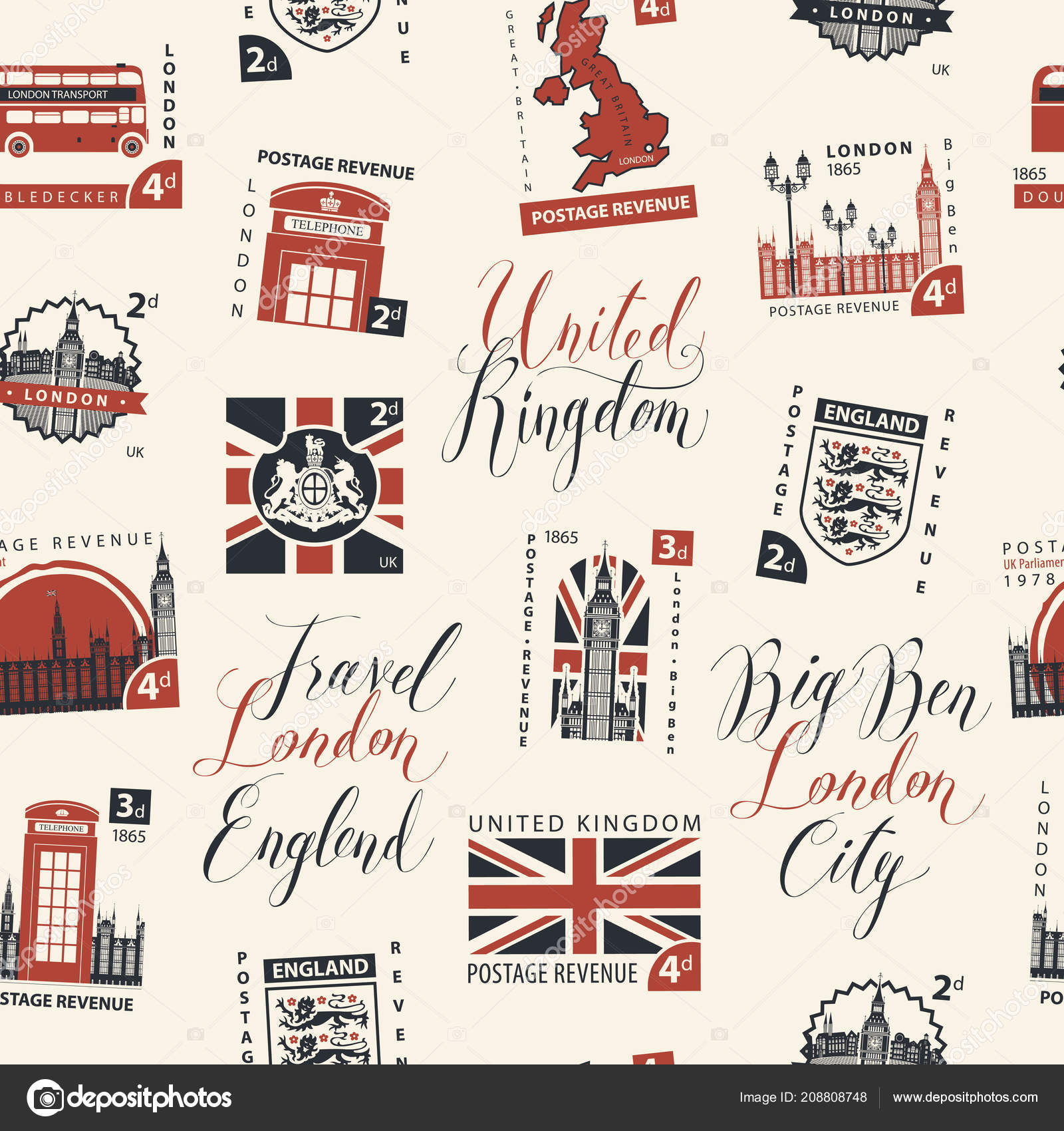 Vector Seamless Pattern Postage Stamps Handwritten Inscriptions London ...