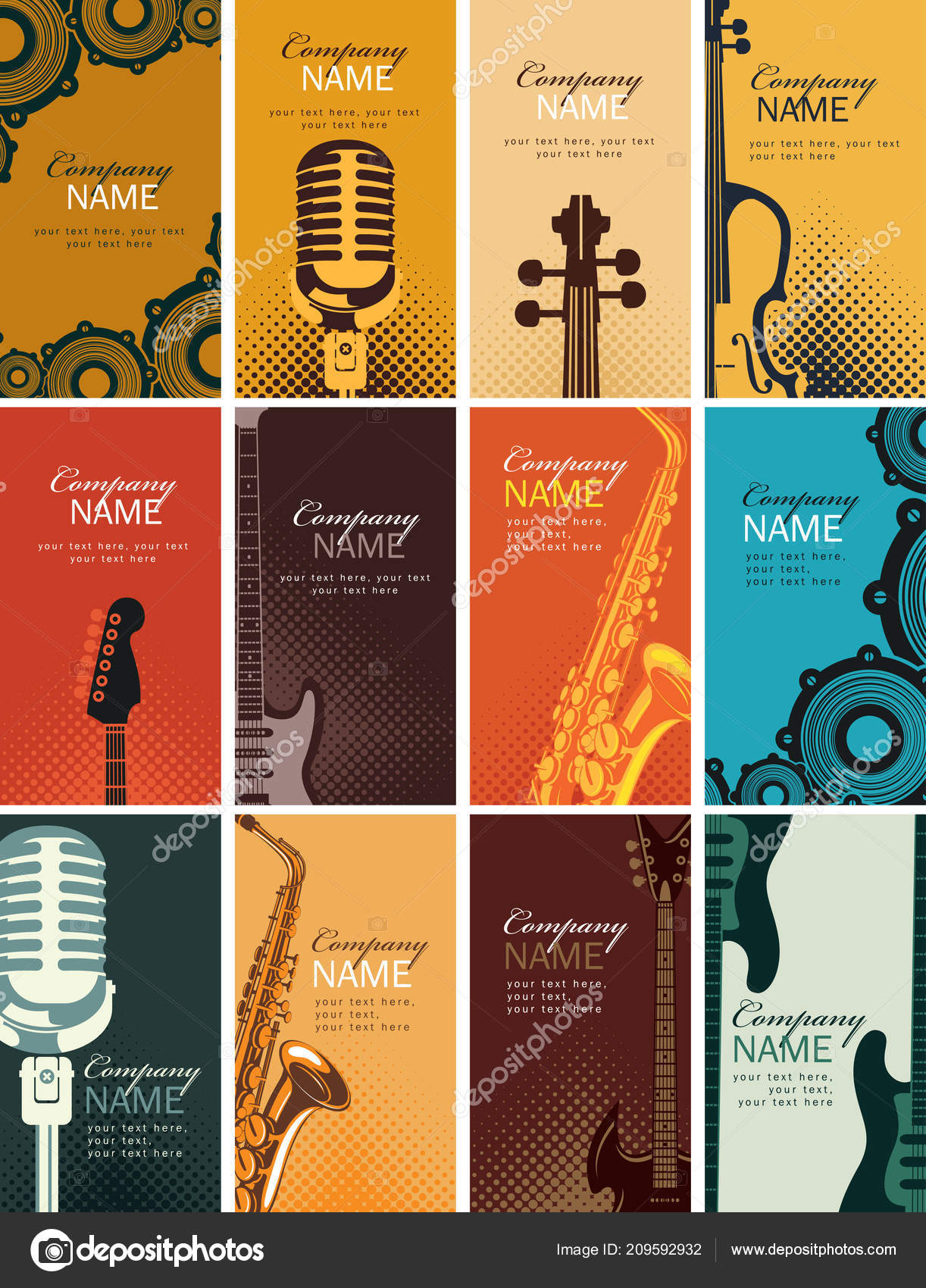 Vector Set Twelve Vertical Business Cards Musical Instruments Other ...