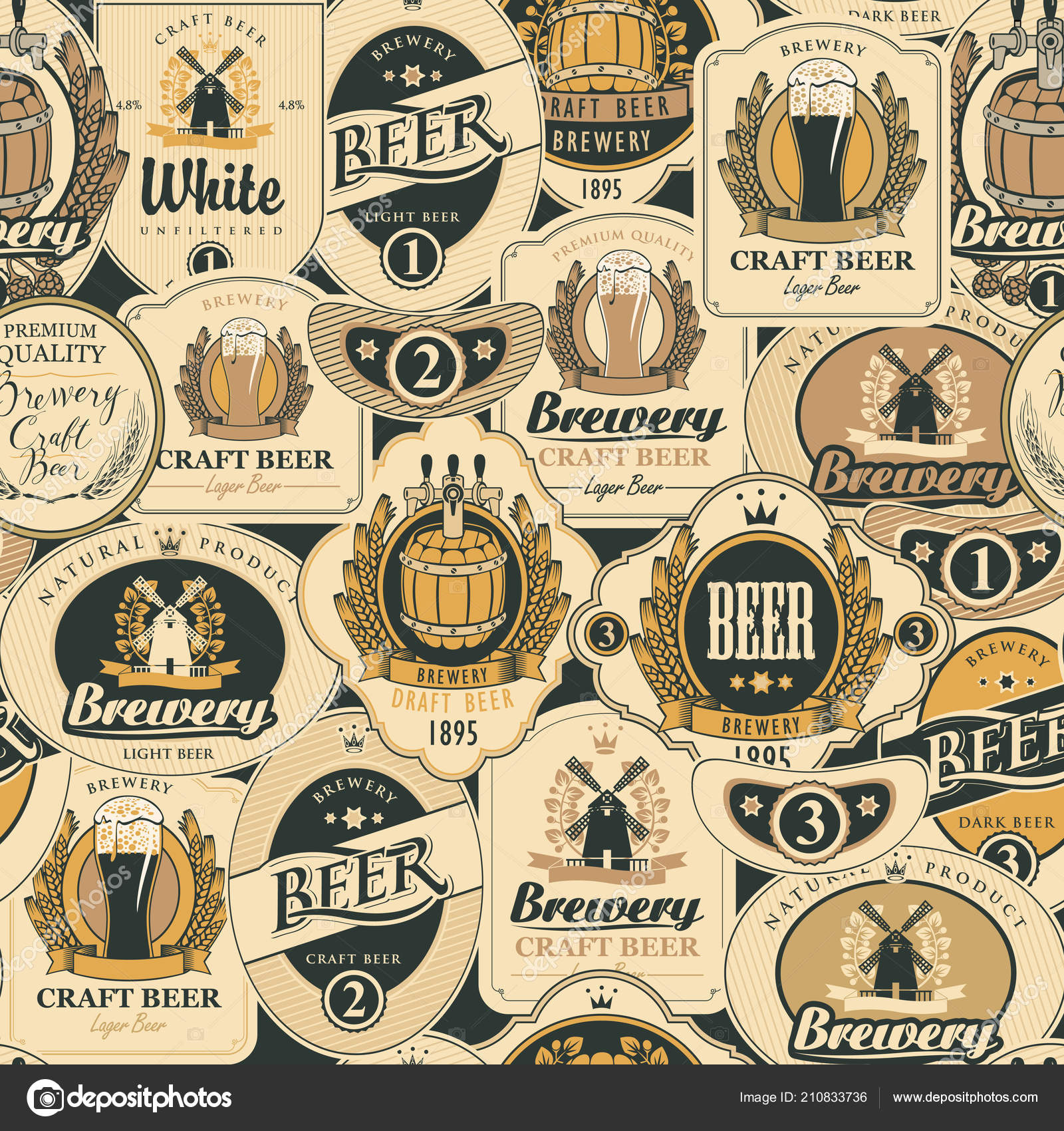 Vector Seamless Pattern Theme Beer Various Beer Labels Images Barrels ...