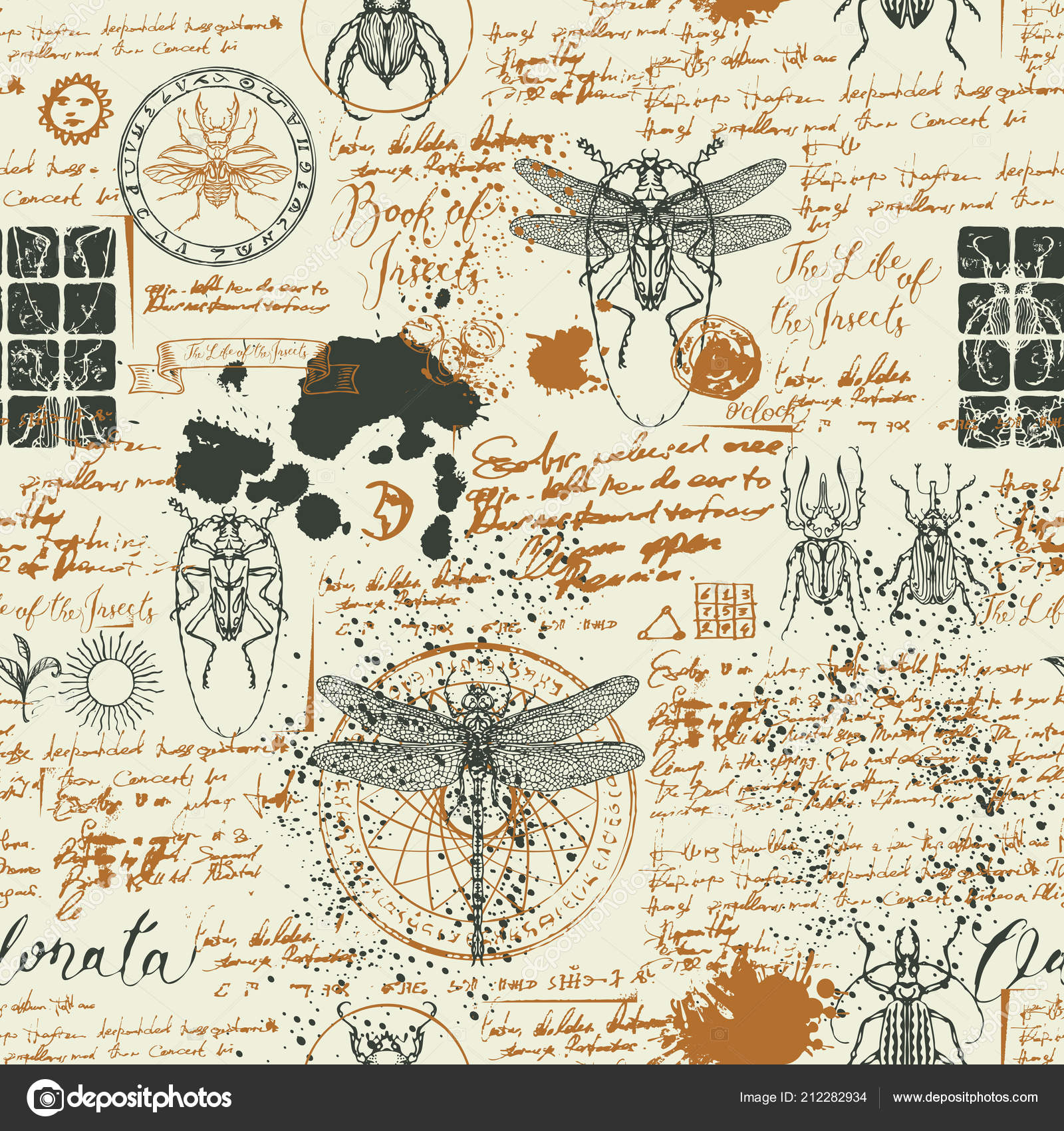 Vector Seamless Abstract Background Insects Retro Style Beetles ...