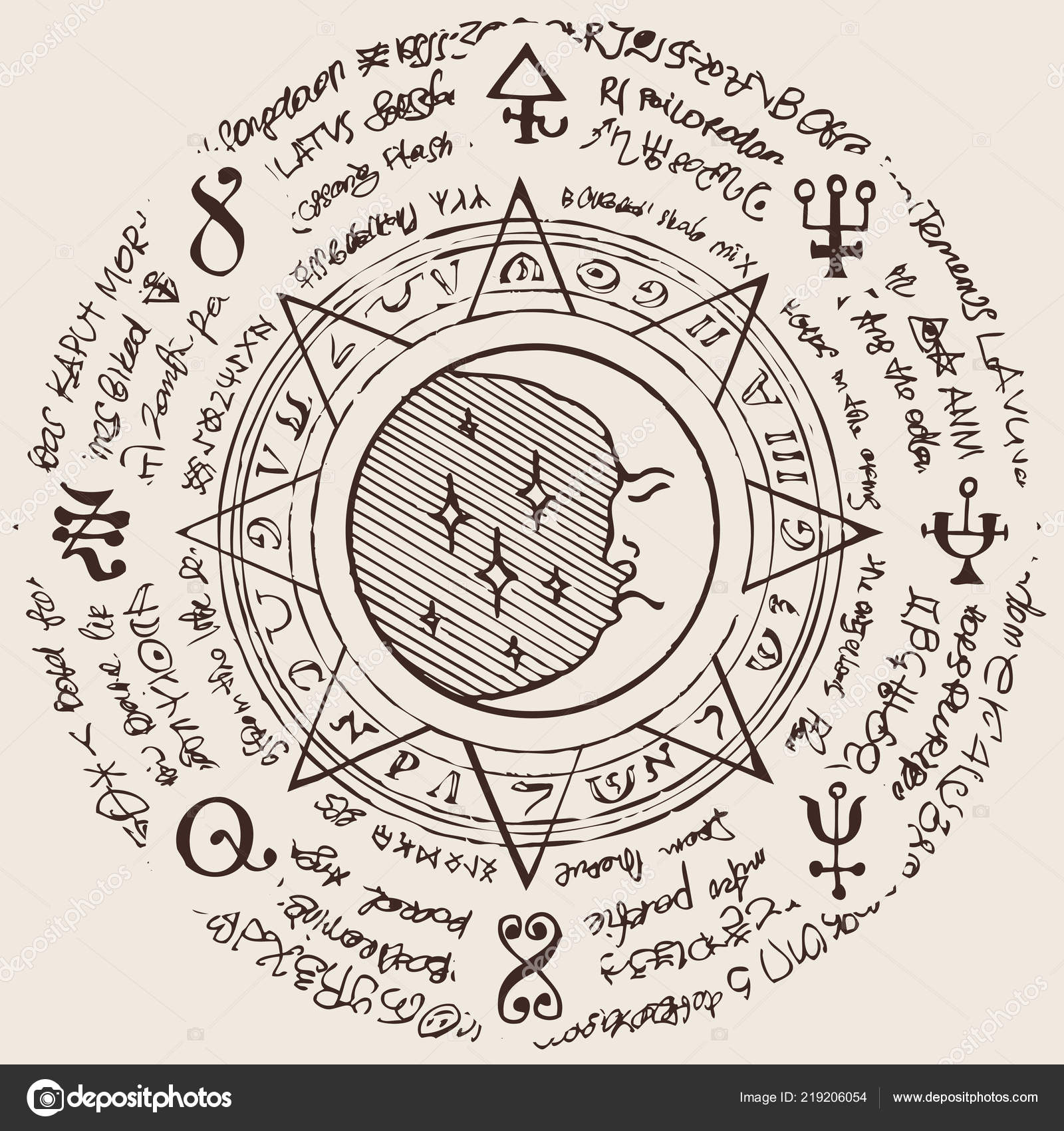 Illustration Moon Sun Stars Octagonal Star Magical Inscriptions Symbols ...