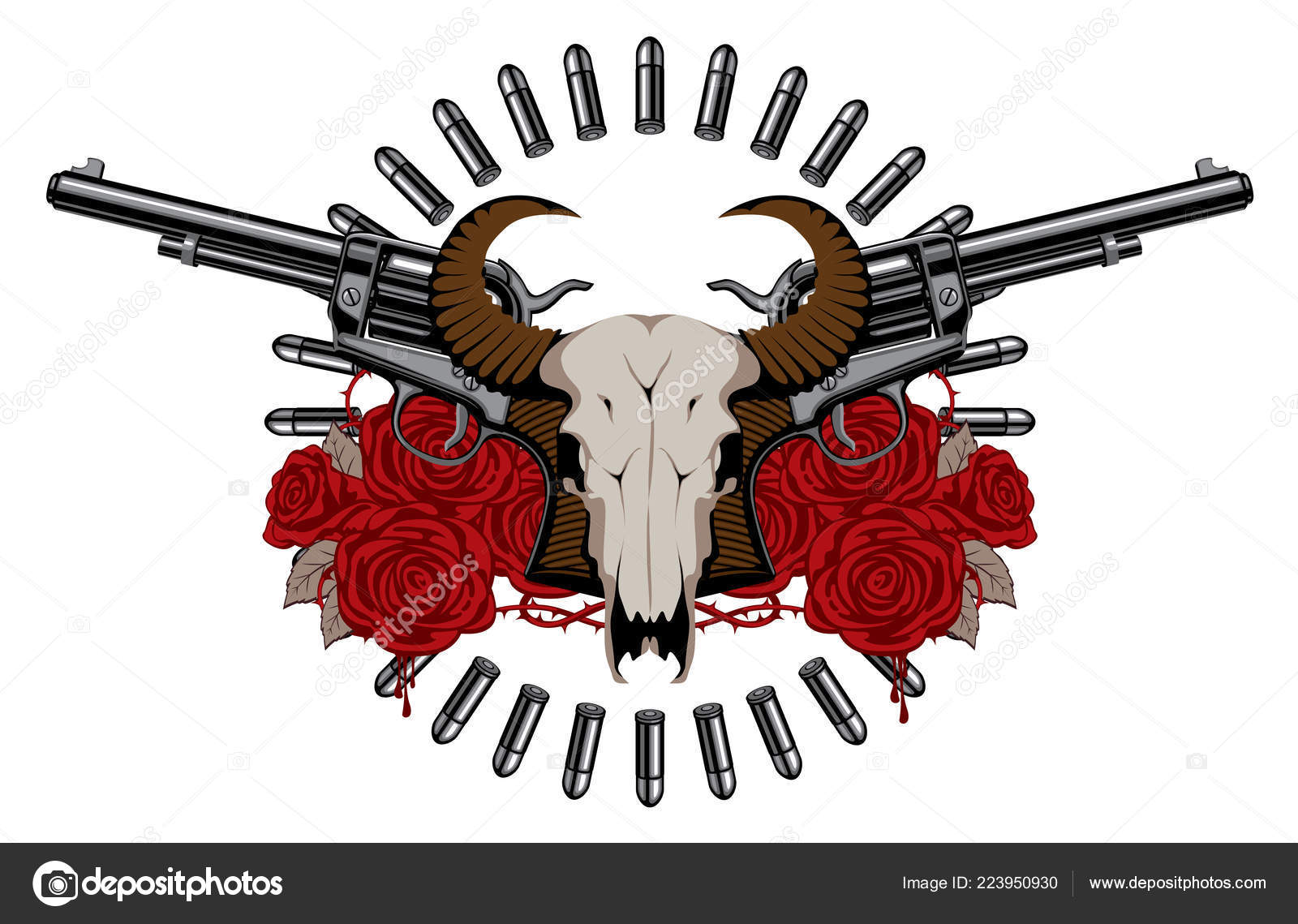 Vector Emblem Skull Bull Two Old Revolvers Bullets Red Roses Stock ...