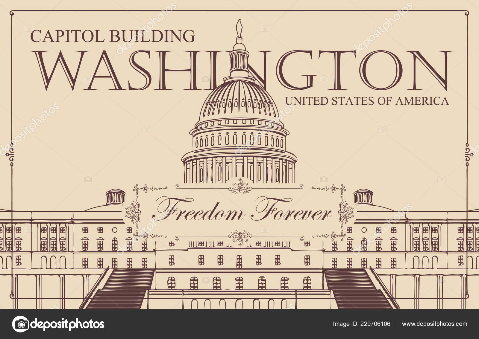 Vector Banner Card Words Freedom Forever Frame Curls Contour Drawing ...