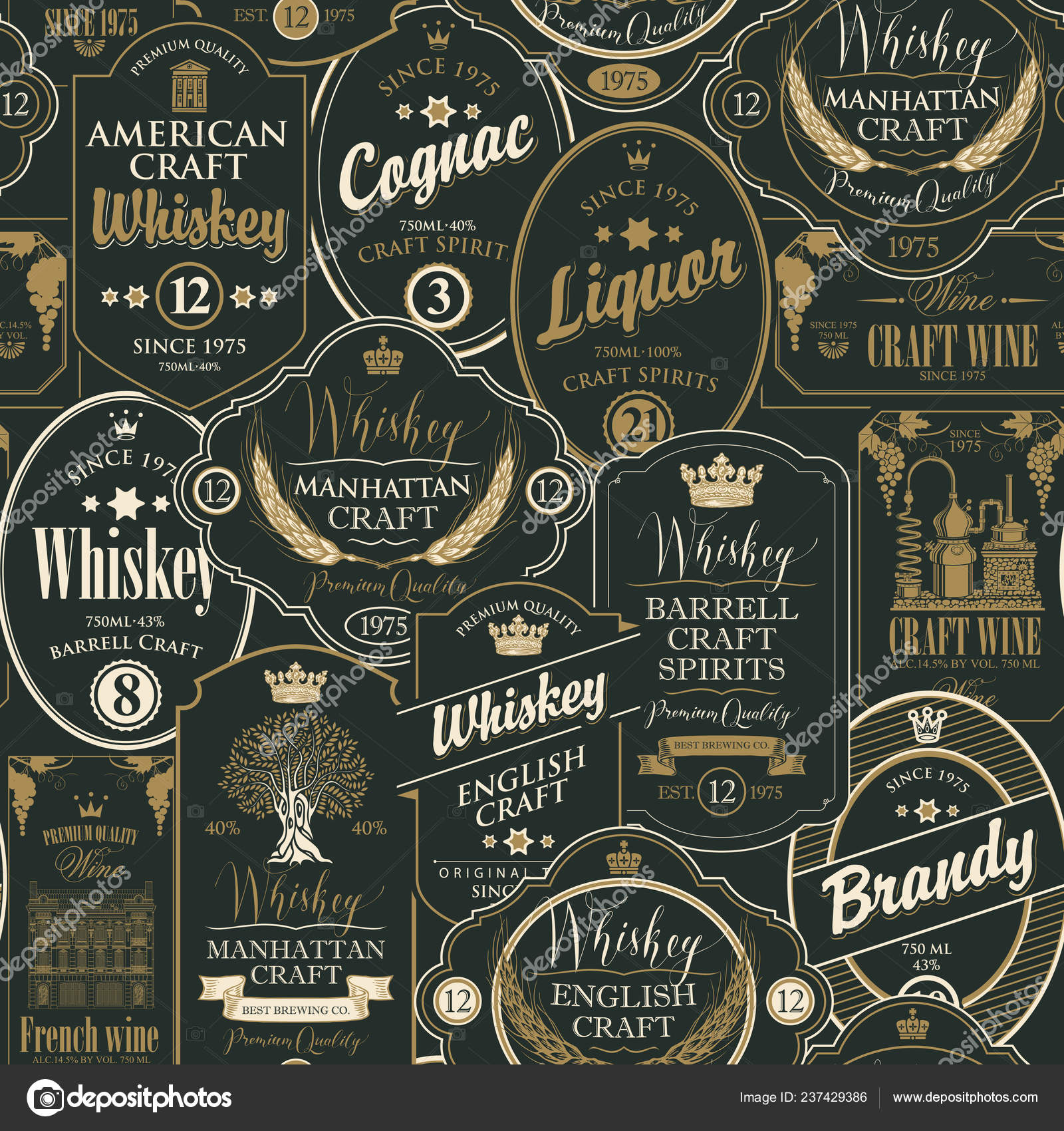 Vector Seamless Pattern Collage Labels Various Alcoholic Beverages ...