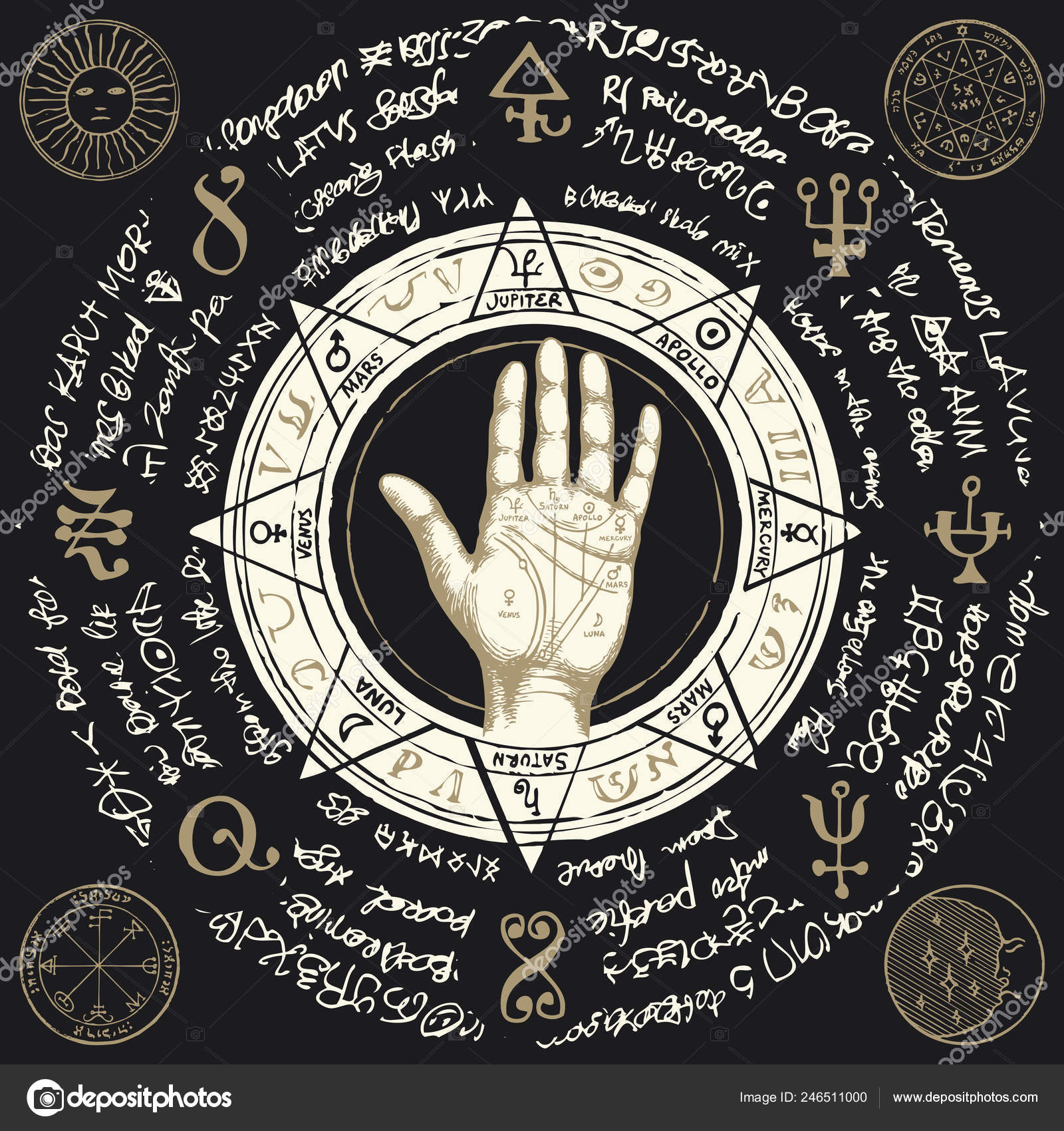 Vector Illustration Chiromancy Hand Ancient Hieroglyphs Medieval Runes ...