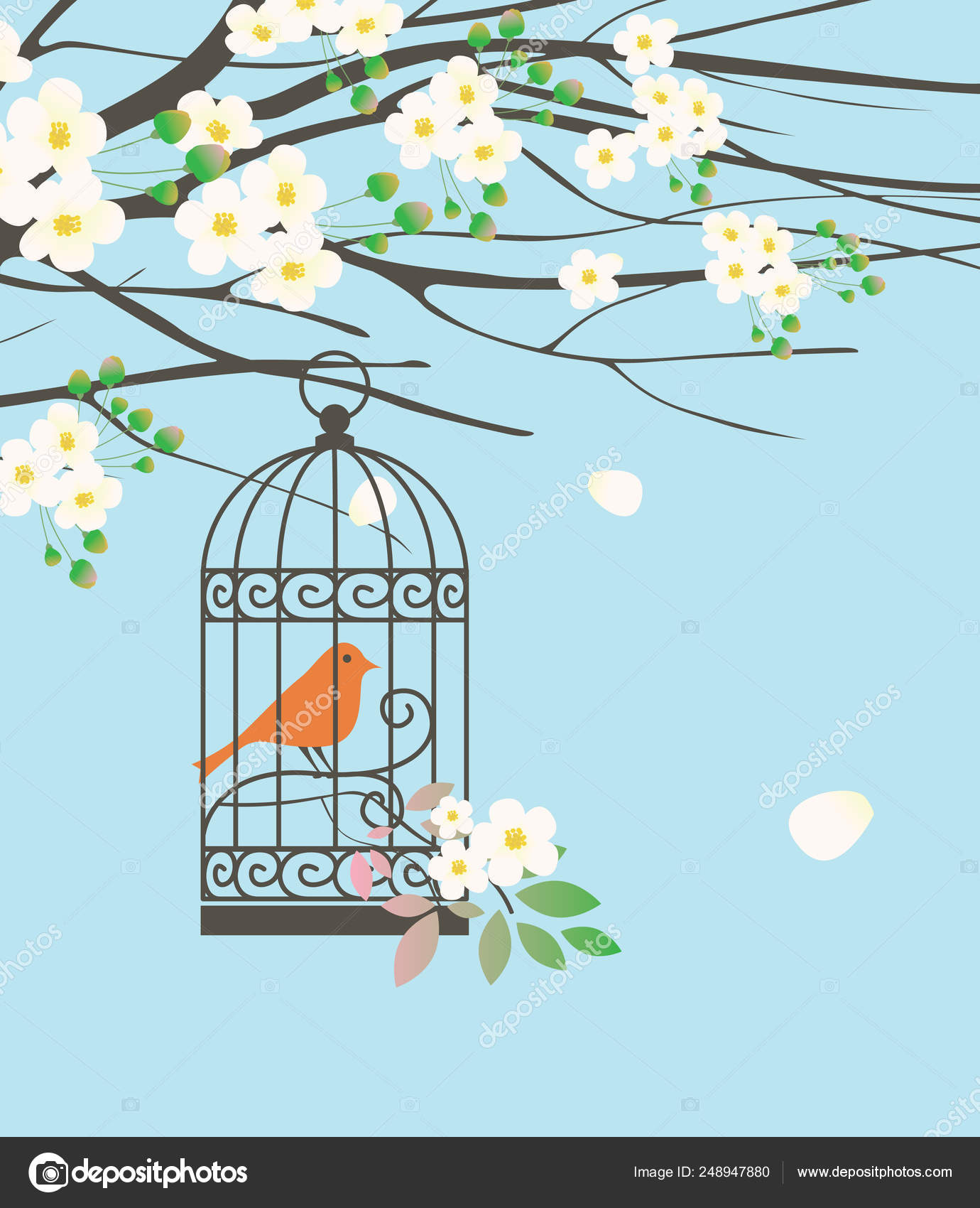 Spring banner with bird in cage under green tree Stock Vector Image by ...