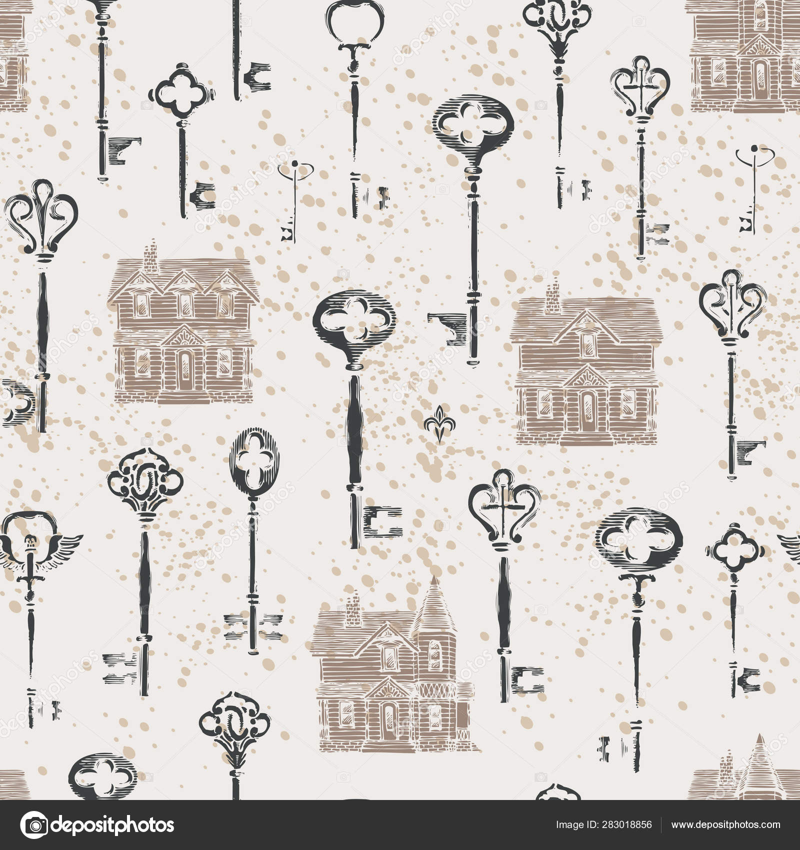 Seamless pattern with vintage keys and old houses Stock Vector by ...