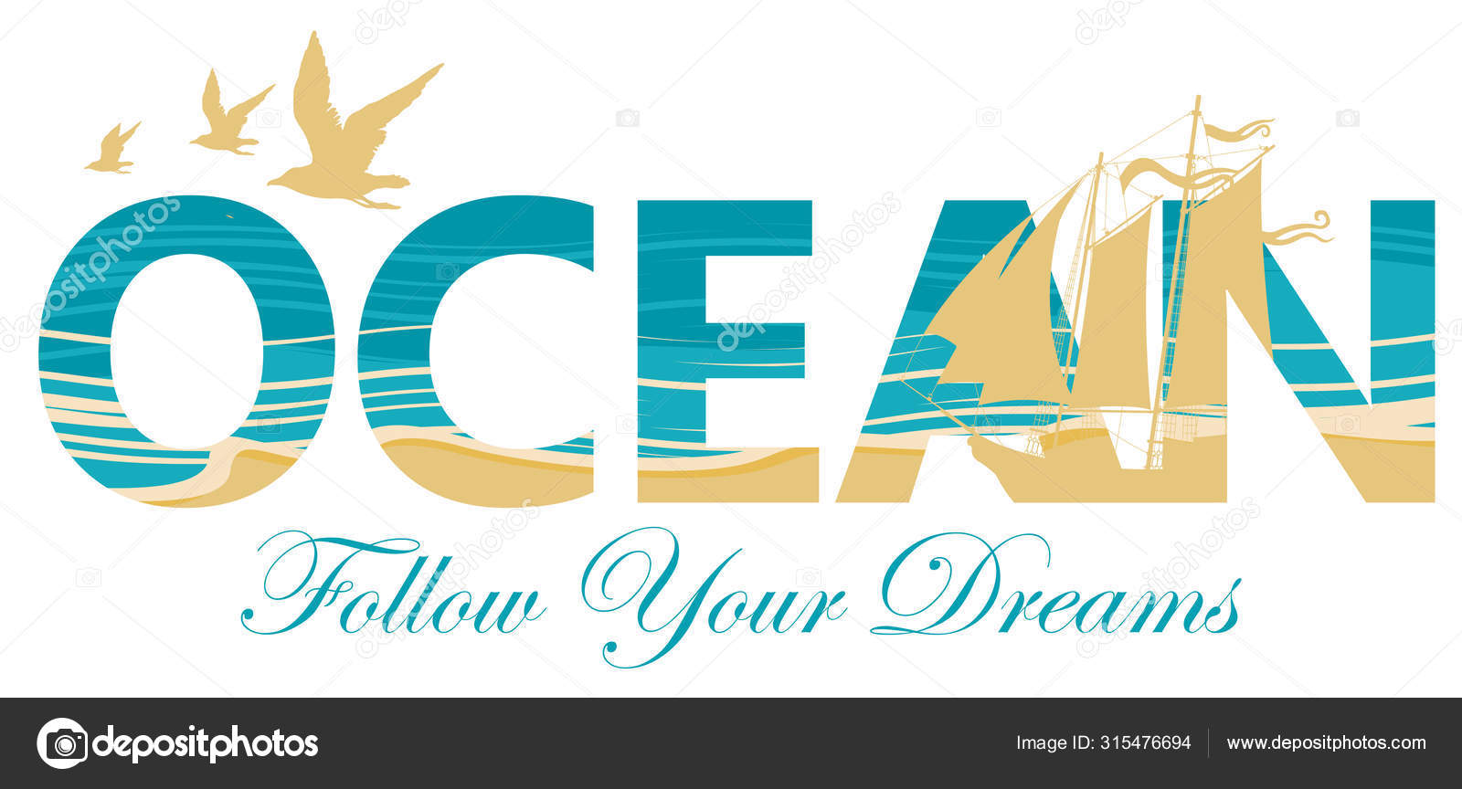 Lettering Ocean with sailing ship and Seagulls Stock Vector Image by ...