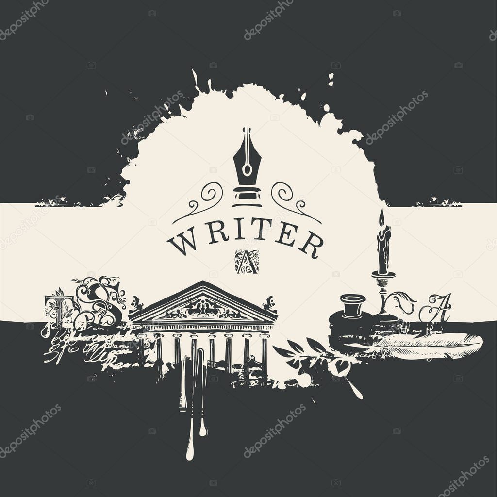 Ilustración de escritores artísticos con plumín, vela, pluma, tintero ...