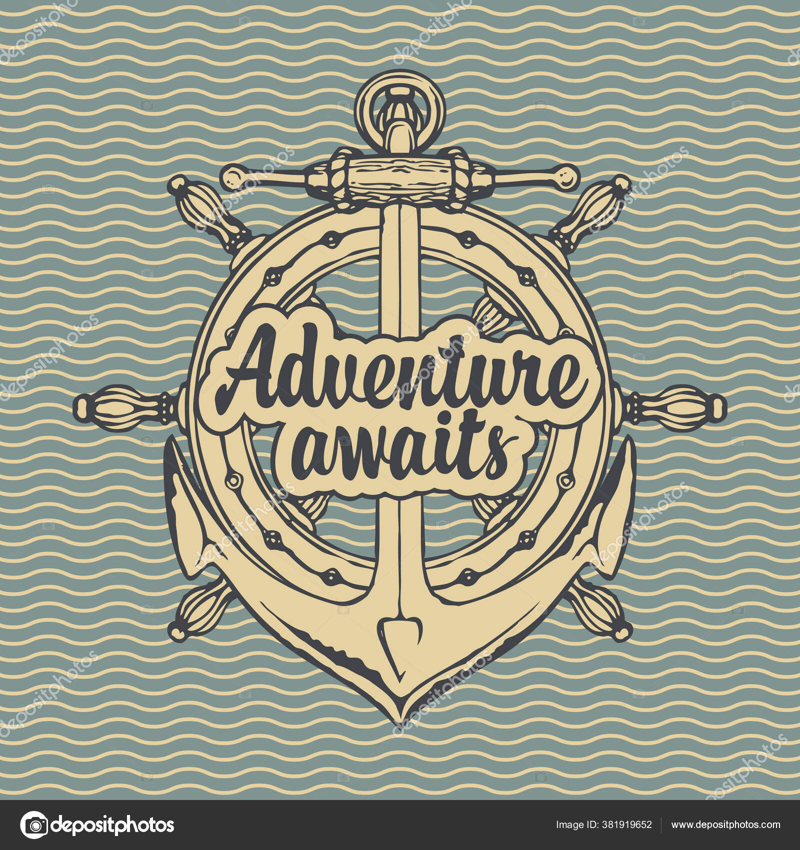 Hand Drawn Anchor Ship Helm Inscription Adventure Awaits Decorative ...