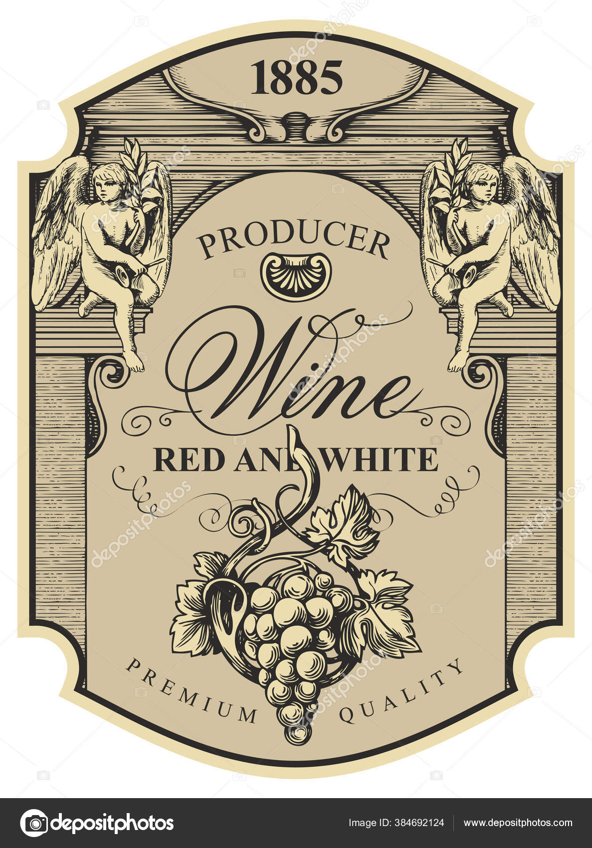 Wine Label Bunch Grapes Angels Inscriptions Figured Frame Vector Ornate ...