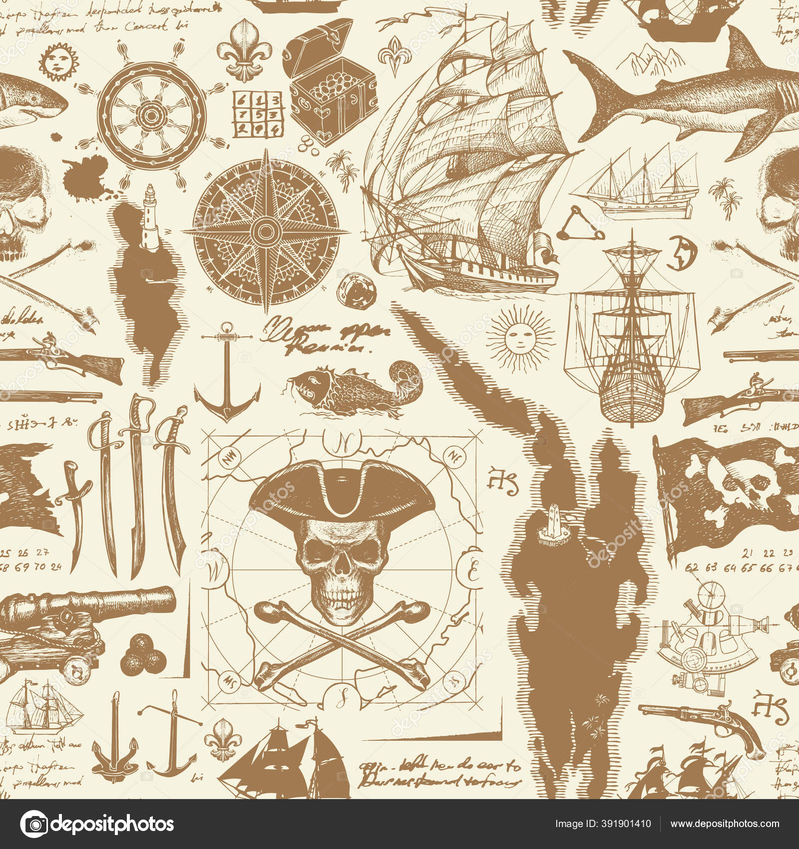 Vintage Seamless Pattern Pirates Theme Hand Drawn Sketches Vector ...