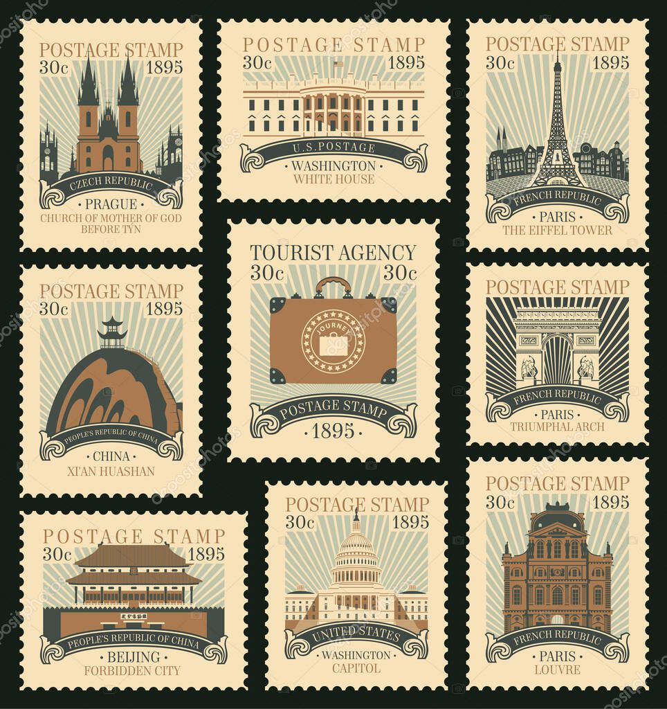 Conjunto de sellos postales antiguos sobre el tema del viaje con hitos arquitectónicos e ...