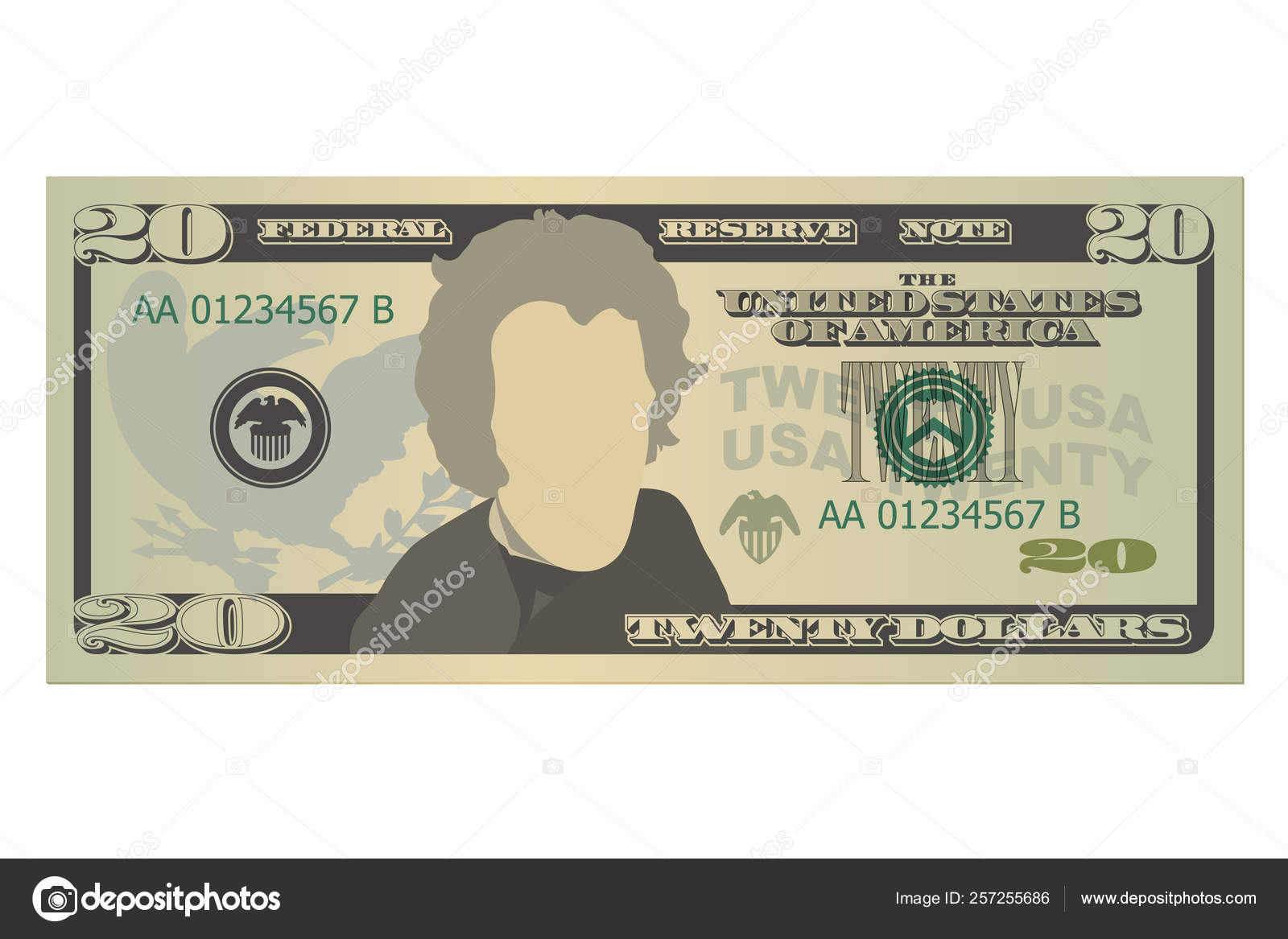 Twenty dollars bill. 20 US dollars banknote, front view. Vector ...