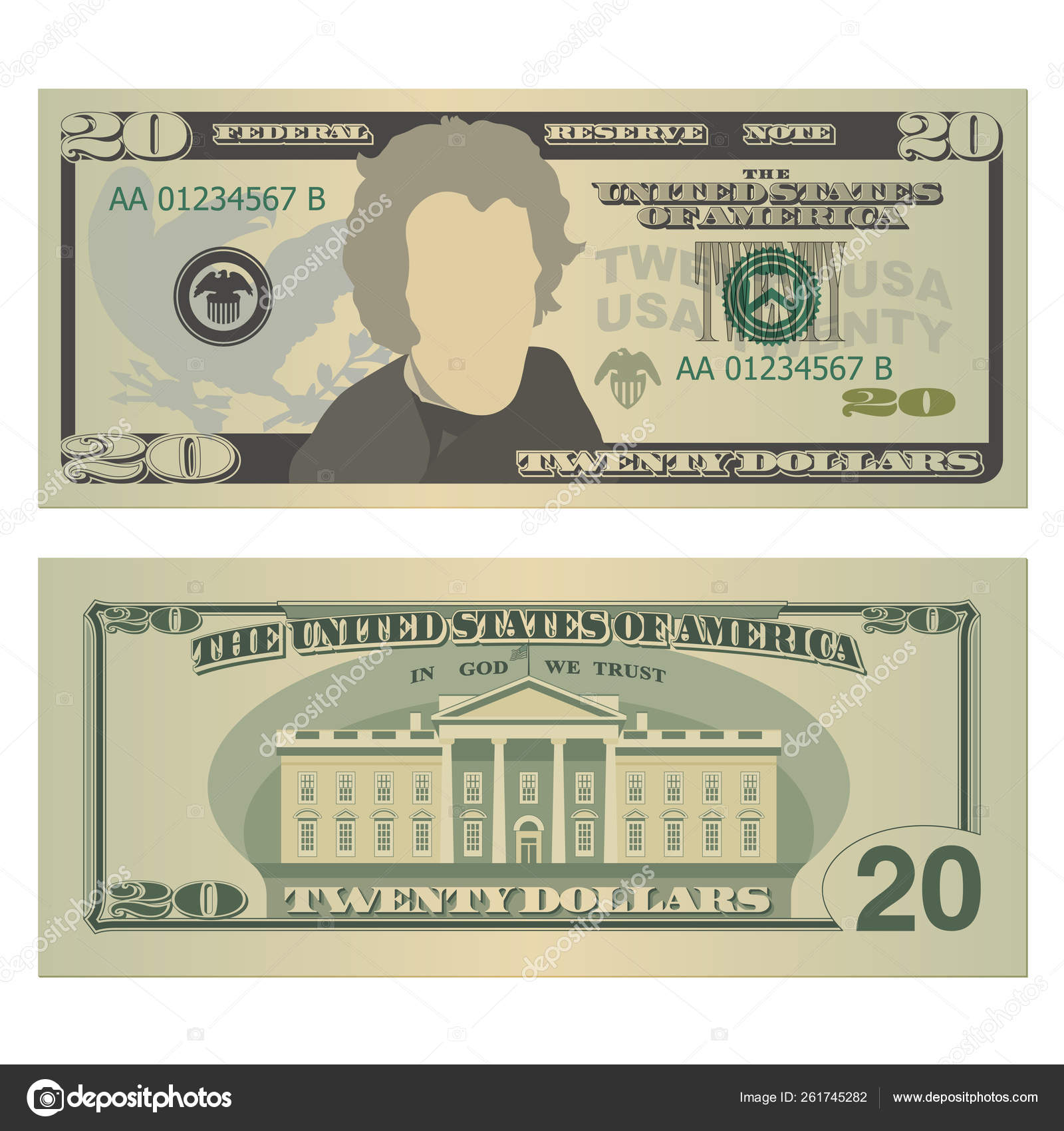 Twenty dollars bill. 20 US dollars banknote, from front and back side ...
