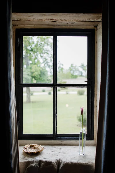 View from the window inside the house to the garden - Stock Image ...