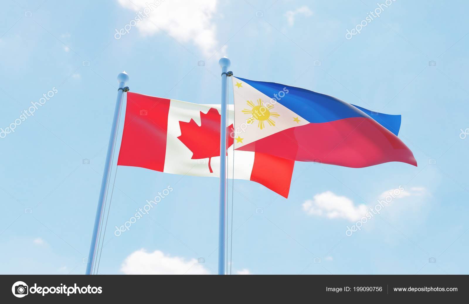 Philippines Canada Two Flags Waving Blue Sky Image Stock Photo by ...