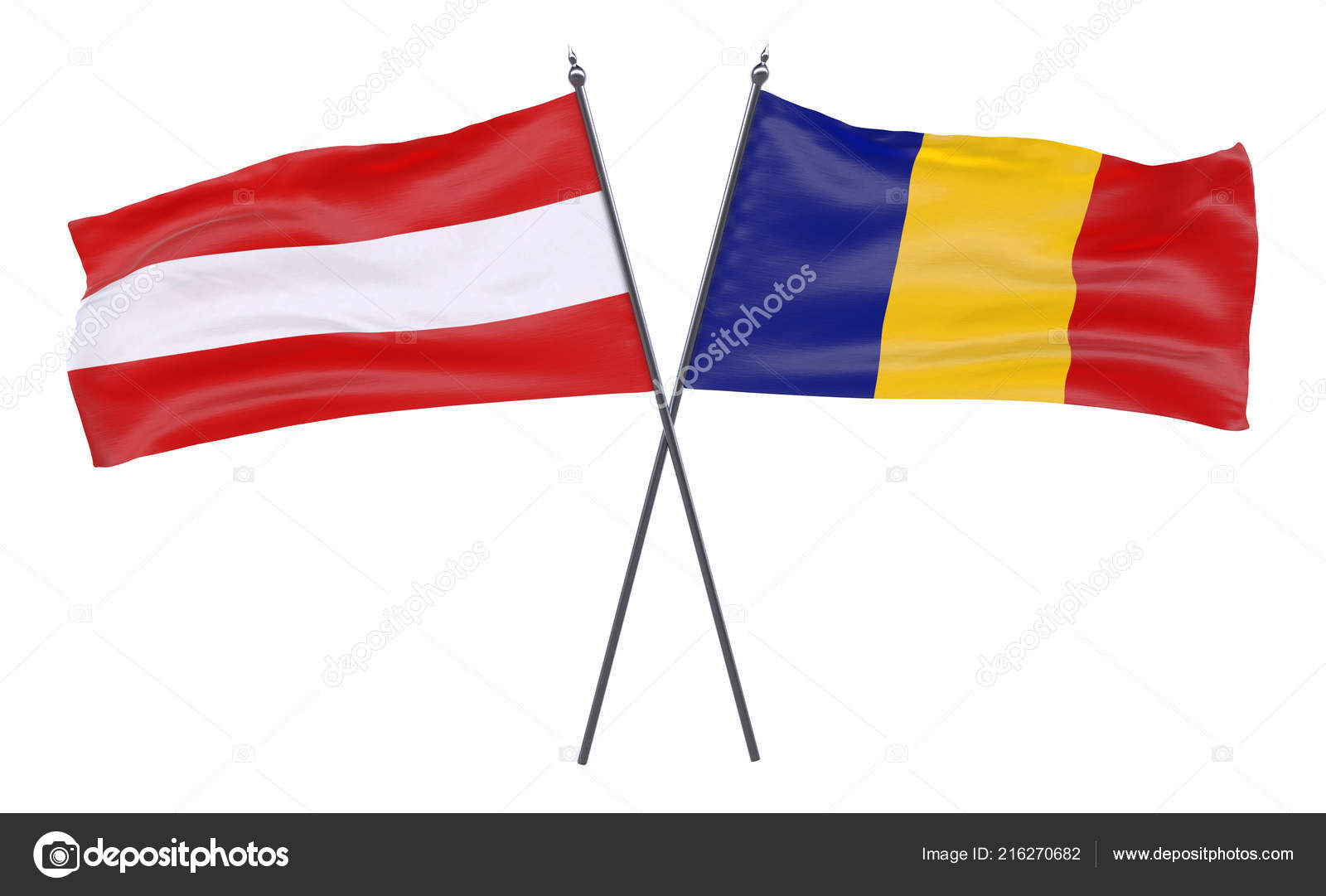 Austria Romania Two Crossed Flags Isolated White Background — Stock ...