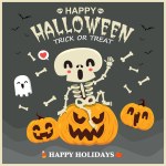 Vintage Halloween Poster Design Vector Skeleton Cat Ghost Pumpkin ...
