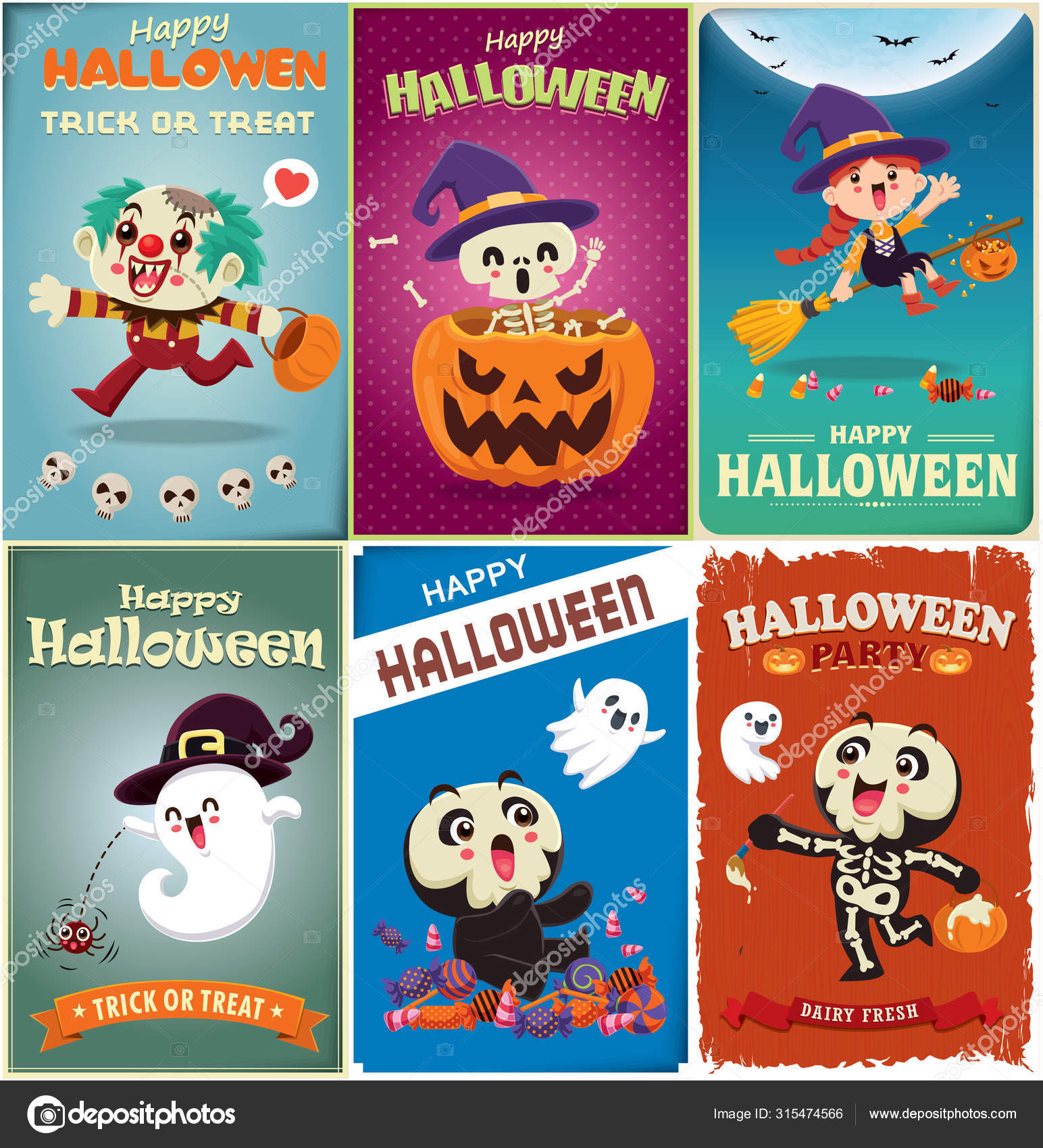Vintage Halloween Poster Design Vector Clown Witch Skeleton Ghost ...