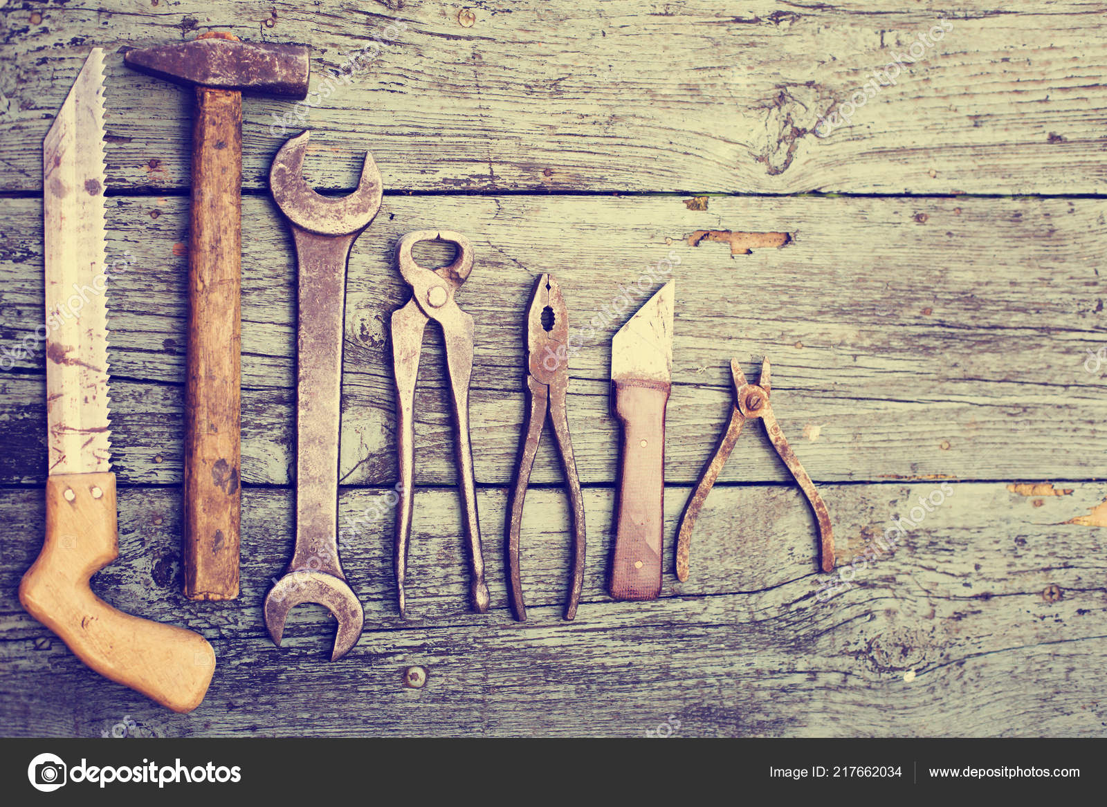 Set Old Rusty Hand Tools Wooden Table — Stock Photo © avgustin #217662034
