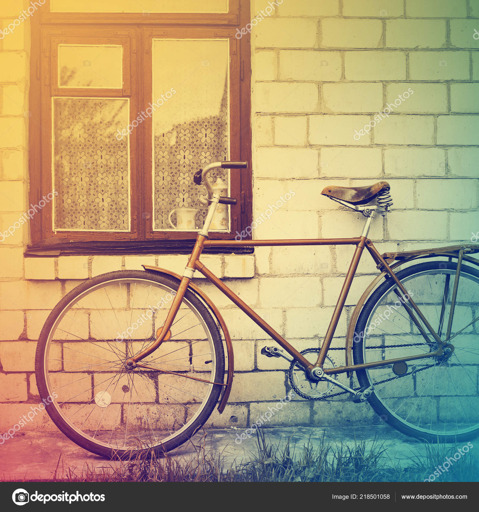 Vintage Bicycle Standing Window Wall Stock Photo by ©avgustin 218501058
