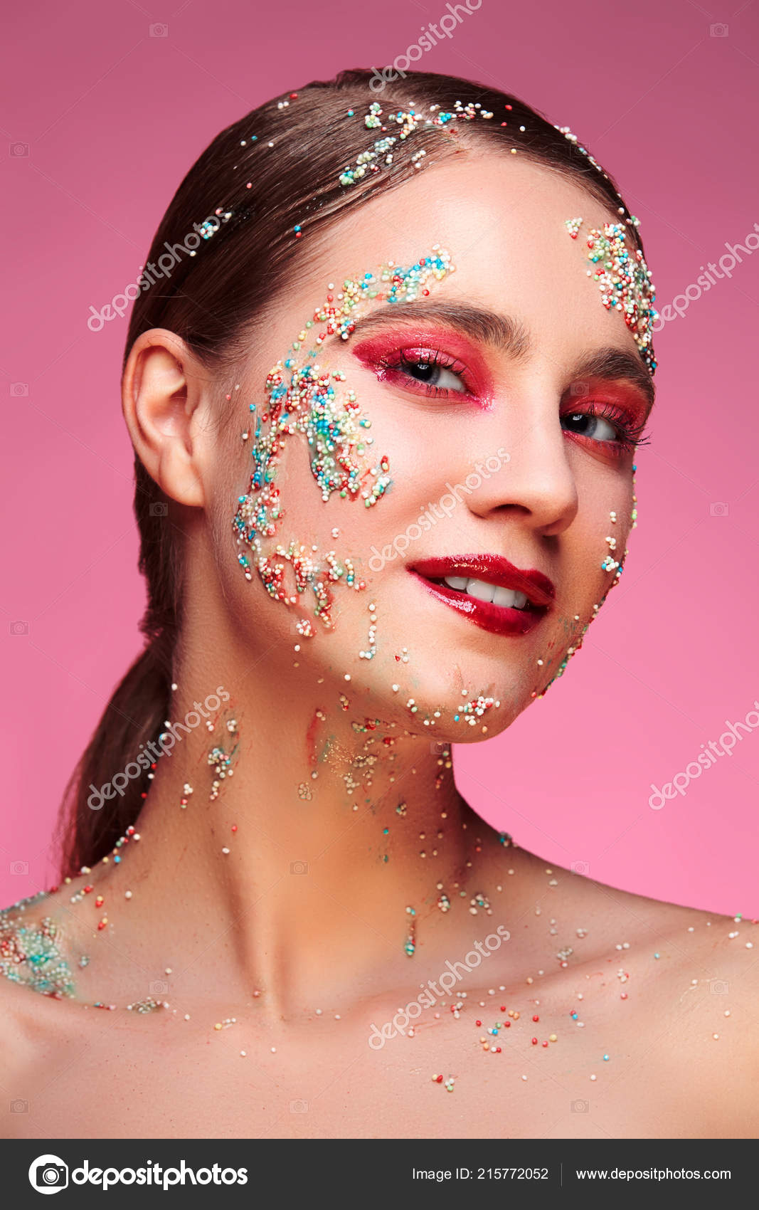 Beautiful girl with candies on pink backgroound Stock Photo by ...