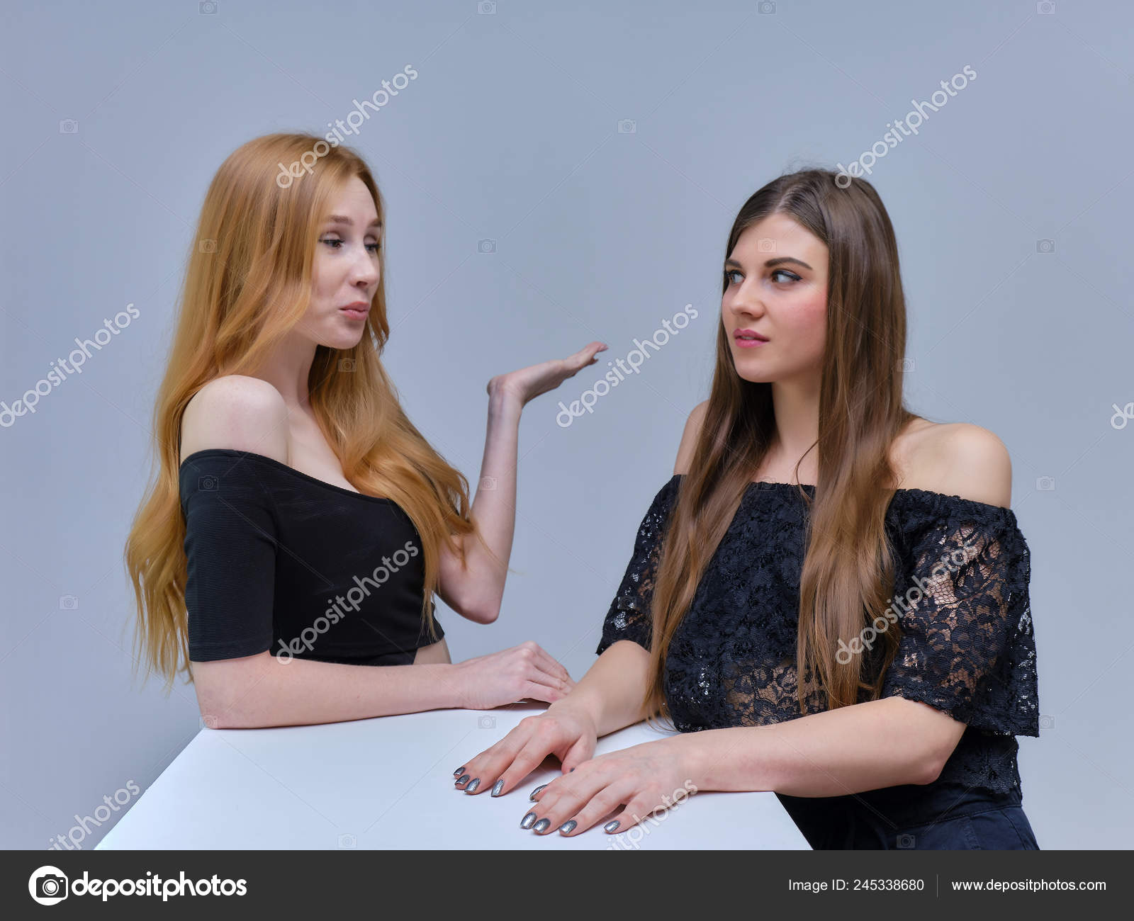 Concept Portrait Two Cute Beautiful Girls Talking Gray Background ...