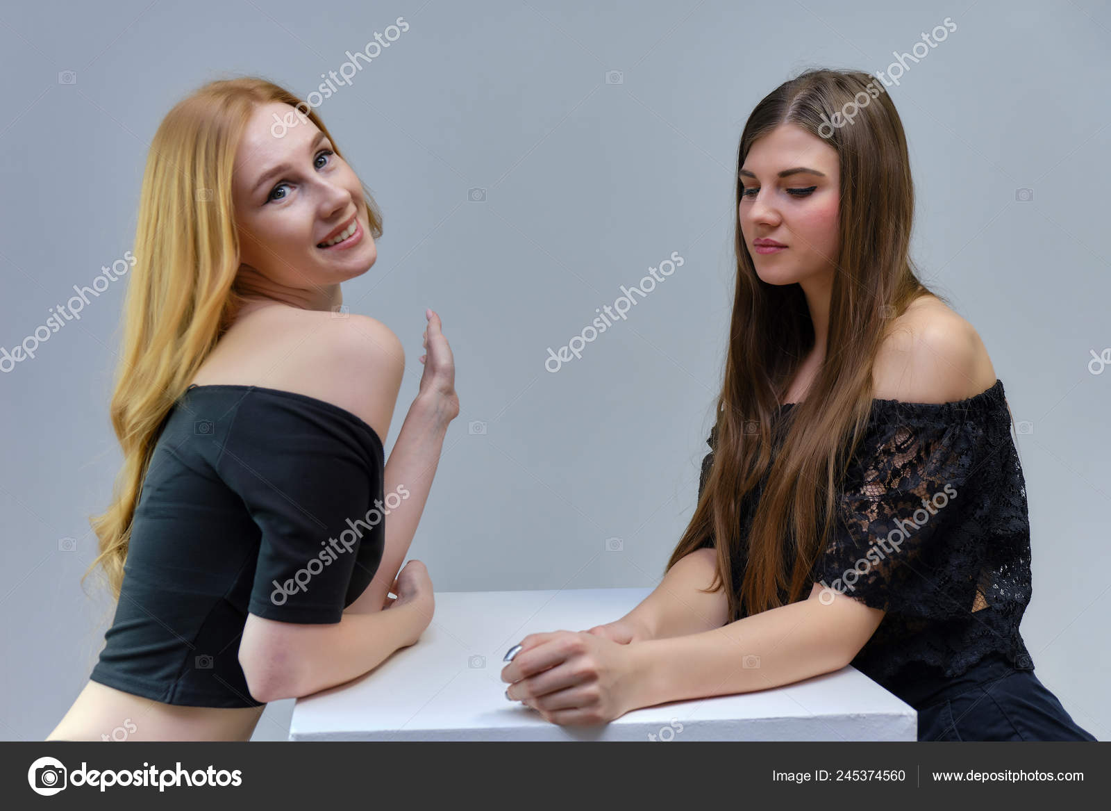 Concept Portrait Two Cute Beautiful Girls Talking Gray Background ...